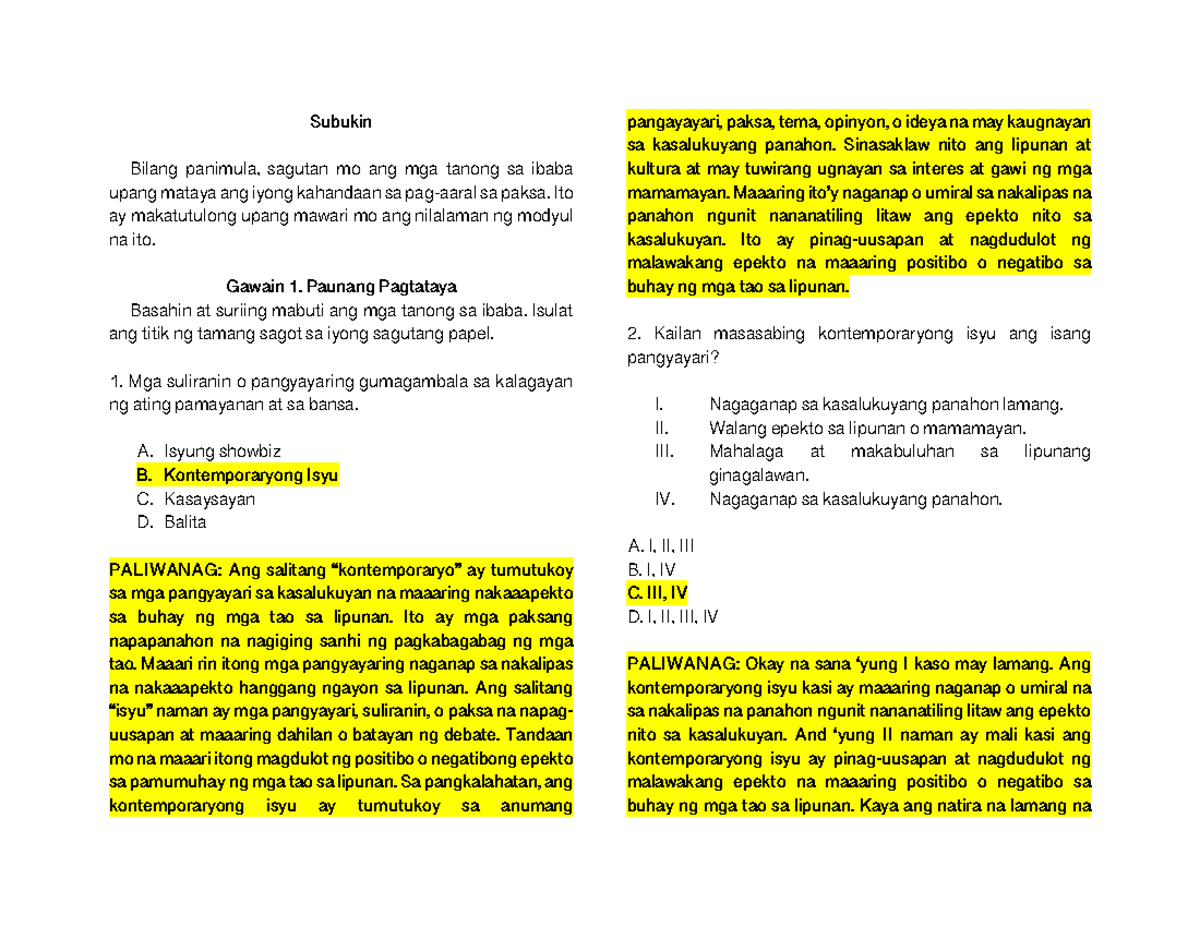 Subukin - Paunang Pagtataya AP10Q1W1 - Subukin Bilang panimula, sagutan mo ang mga tanong sa ...