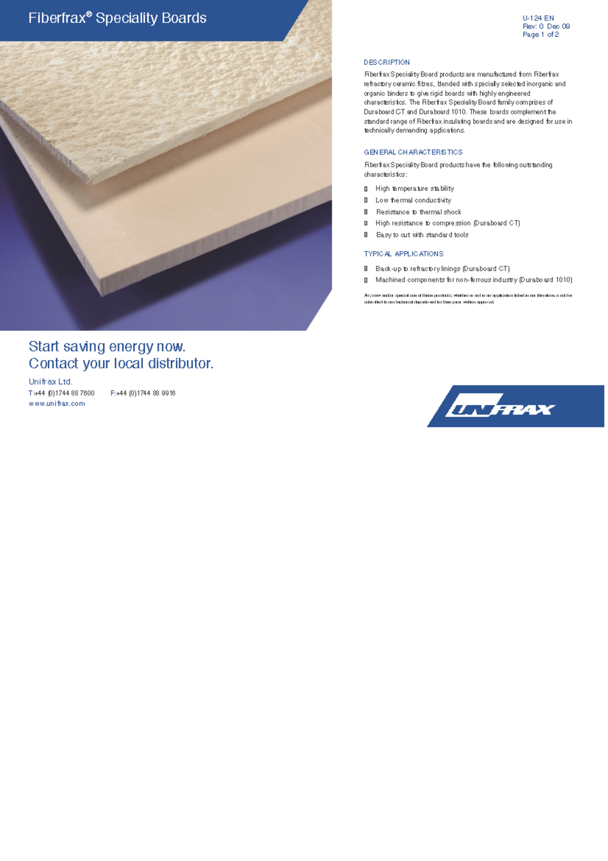 TDS Duraboard CT - Unifrax - Fiberfrax ® Speciality Boards DESCRIPTION ...