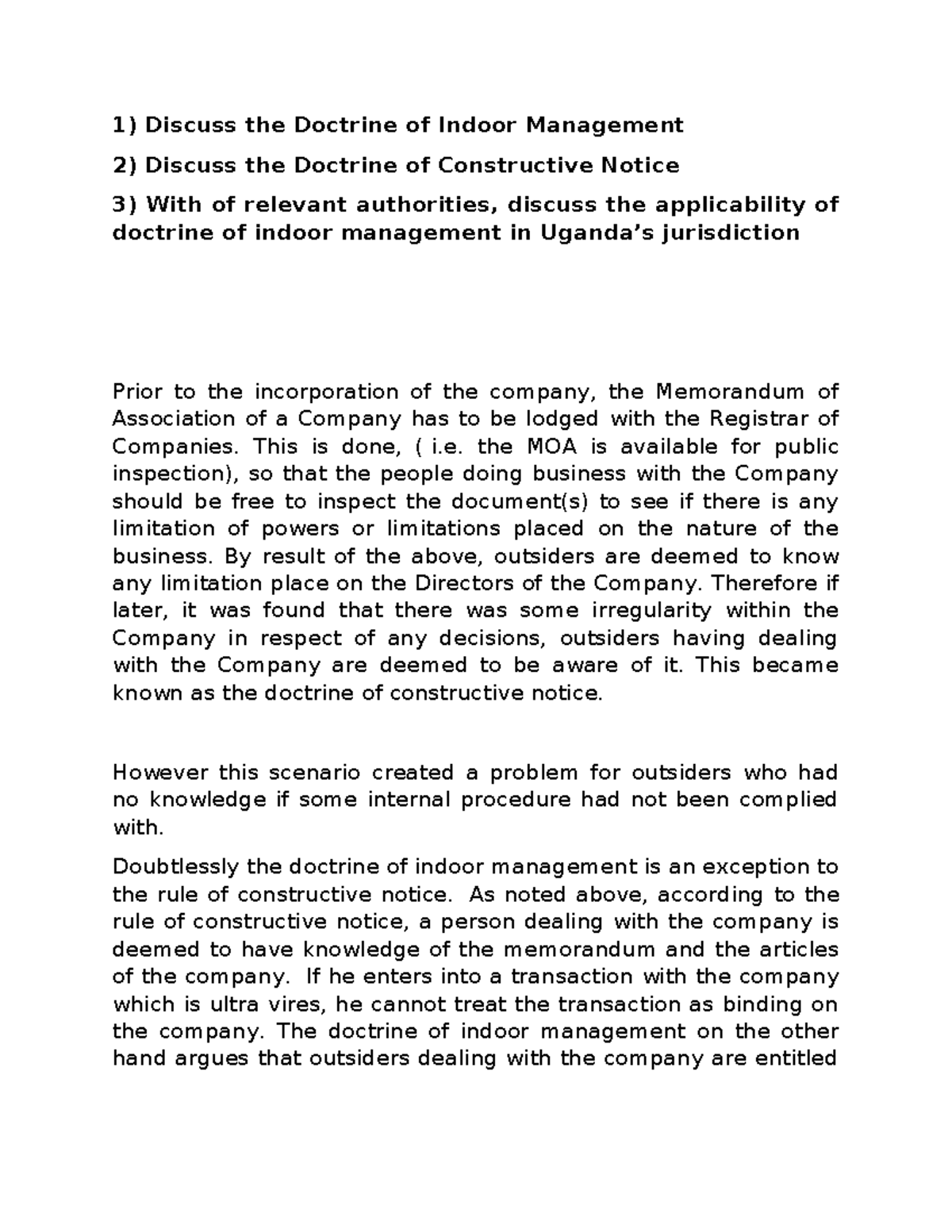 The doctrine of indoor management and its applicability in Uganda ...