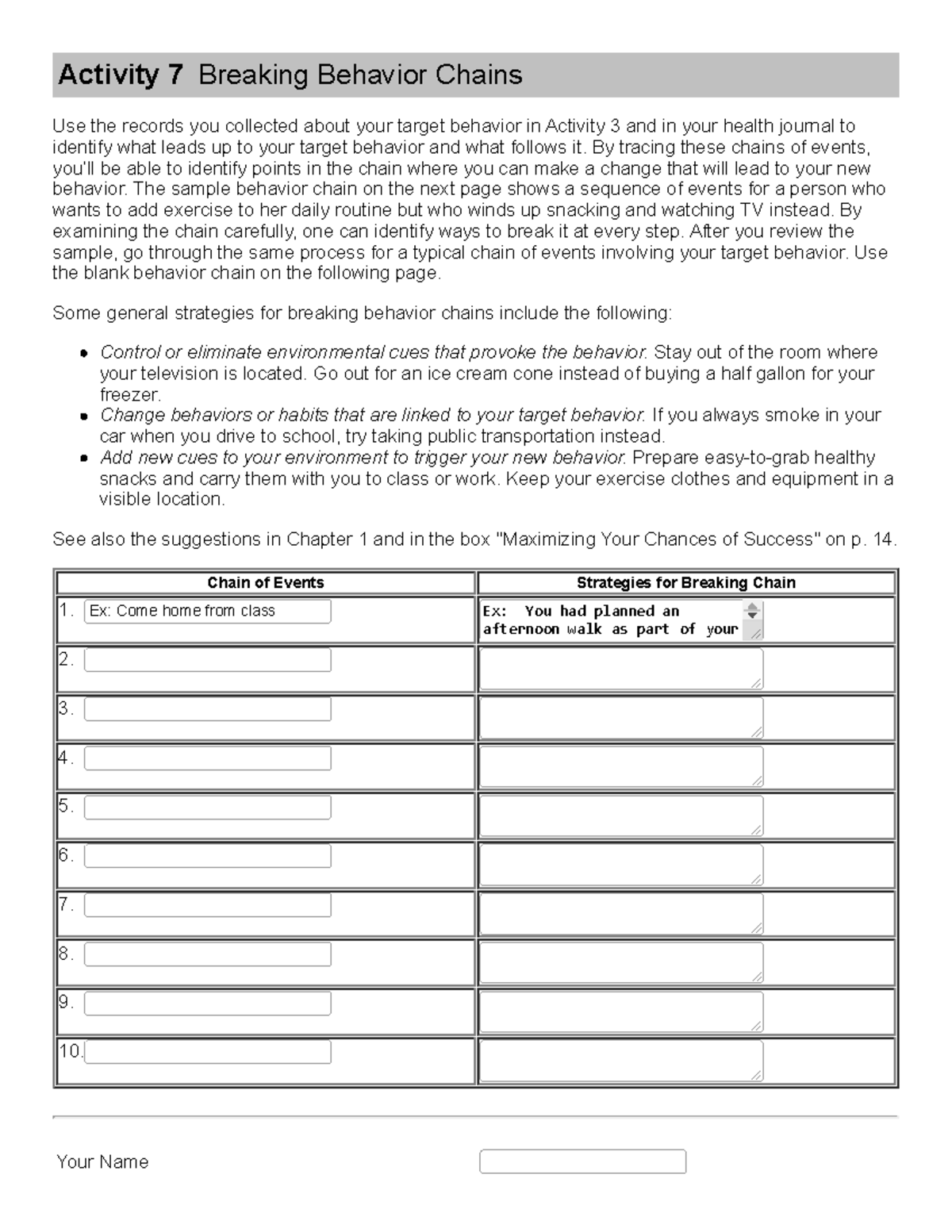 Activity 7 Breaking Behavior Chains - Activity 7 Breaking Behavior ...