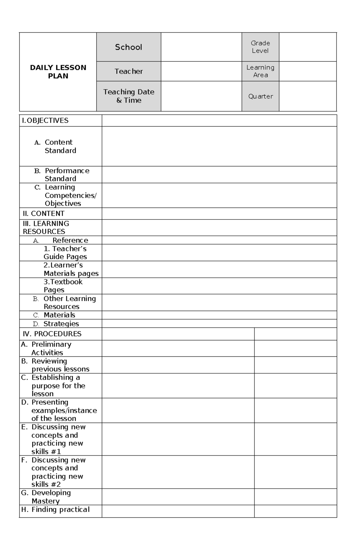 Lesson-Plan-Template - I. OBJECTIVES A. Content Standard B. Performance ...