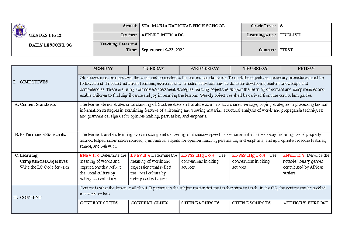 SEPT 19-23 - HOW TO WRITE A LESSON LOG - GRADES 1 to 12 DAILY LESSON ...