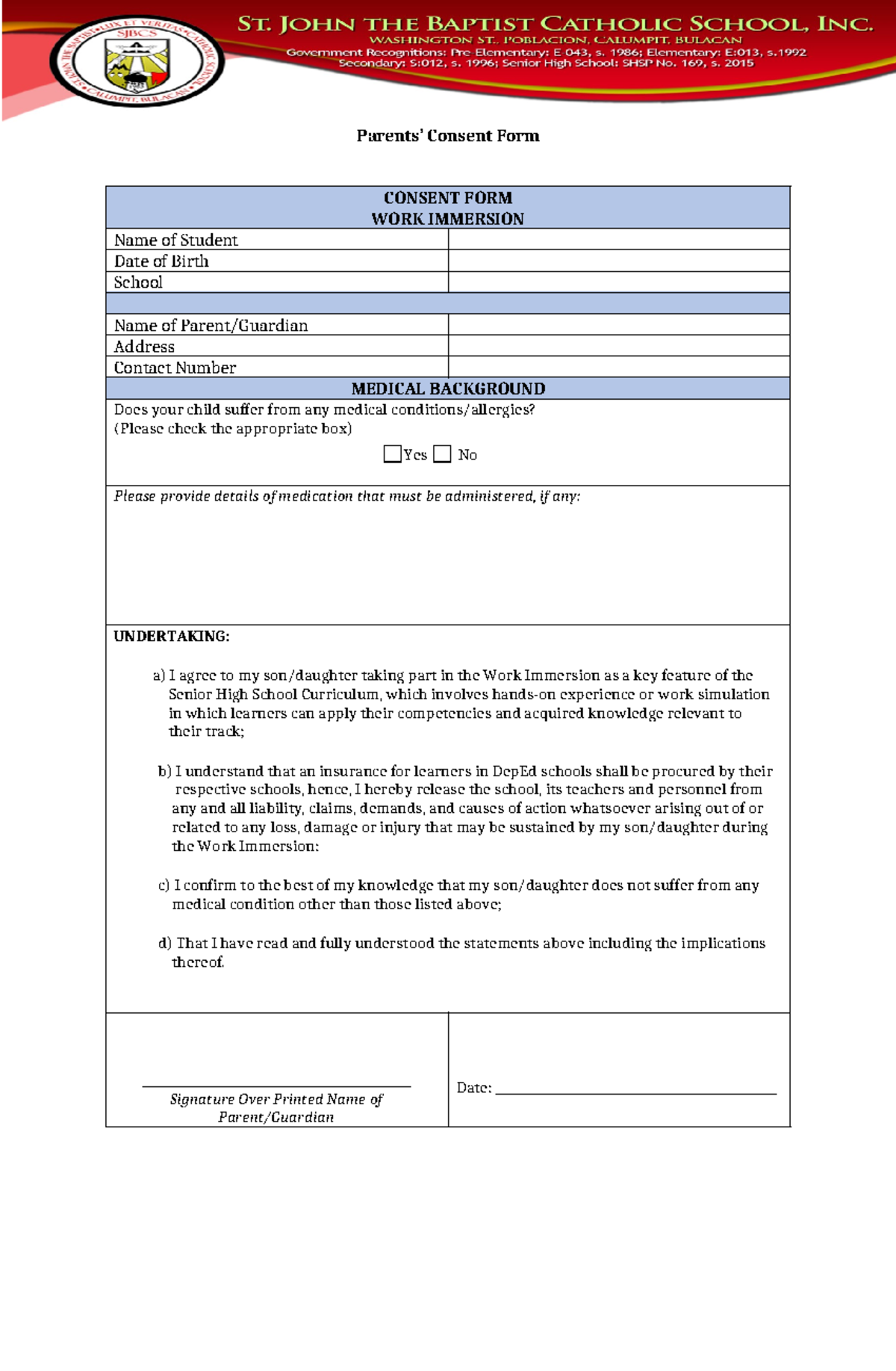 Parents consent - Parents’ Consent Form CONSENT FORM WORK IMMERSION ...