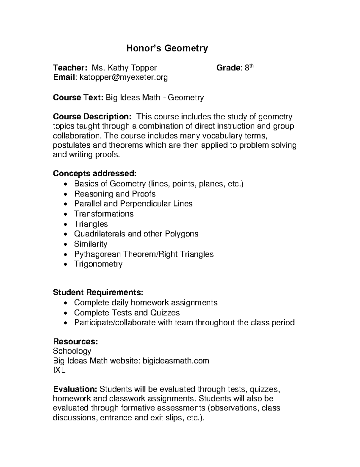 Course Syllabu 1 geometry 21 - Honor’s Geometry Teacher: Ms. Kathy ...