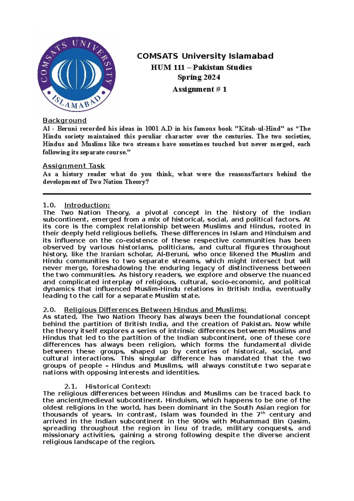 Pakistan Studies Assignment 1 - COMSATS University Islamabad HUM 111 – Pakistan Studies Spring ...