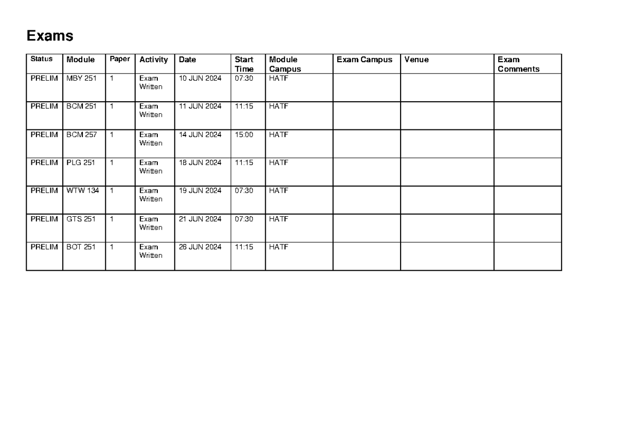 2024 EXAM Dates - Exams Status Module Paper Activity Date Start Time ...