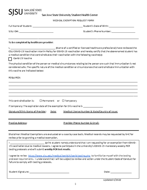 SJSU SHC Medical Exemption form - San Jose State University Student ...