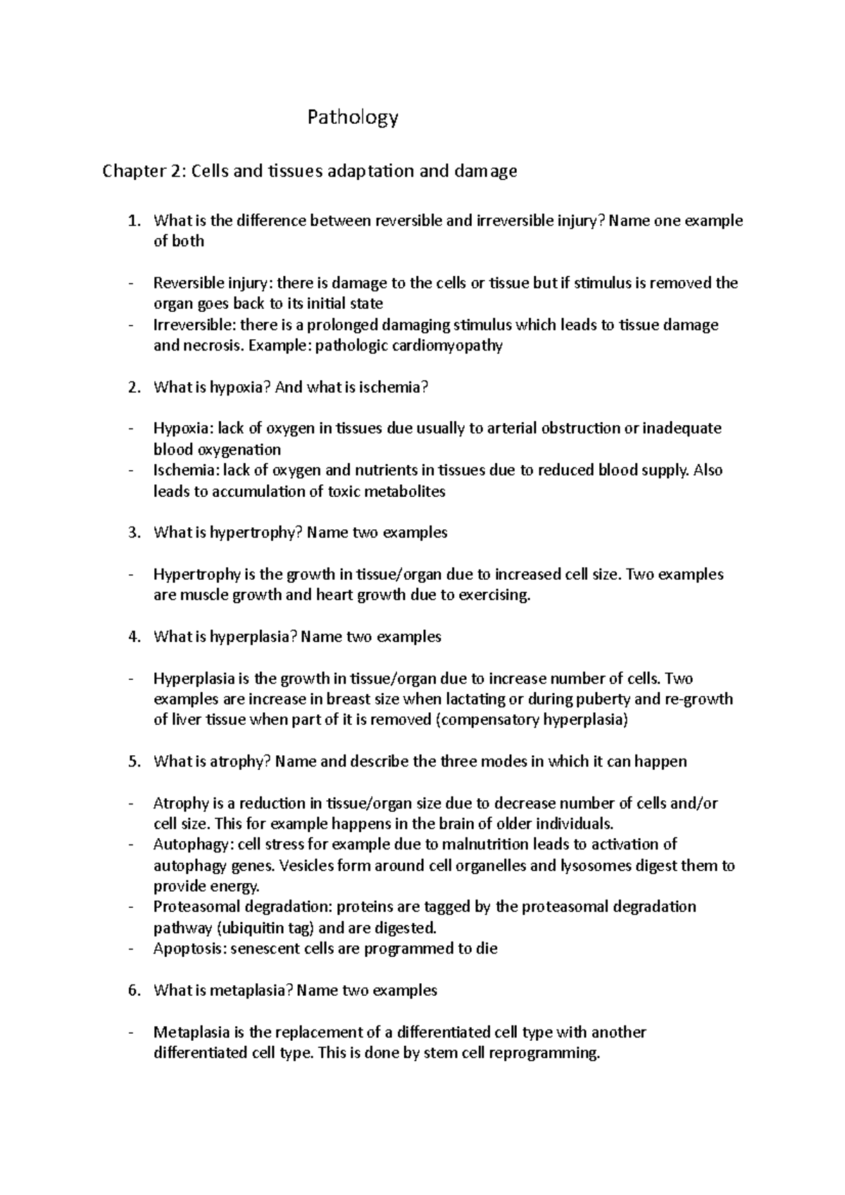 Pathology - Practise exam open questions - Pathology Chapter 2: Cells ...