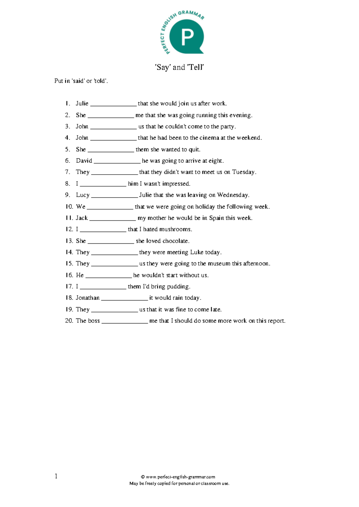 Say and tell exercise 1 - Übungsaufgabe - 1 © perfect-english-grammar ...
