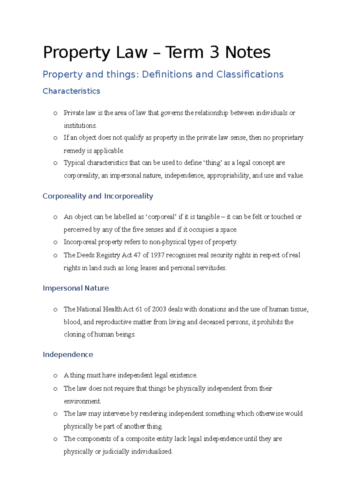 Term 3 - Notes - Property Law – Term 3 Notes Property and things ...