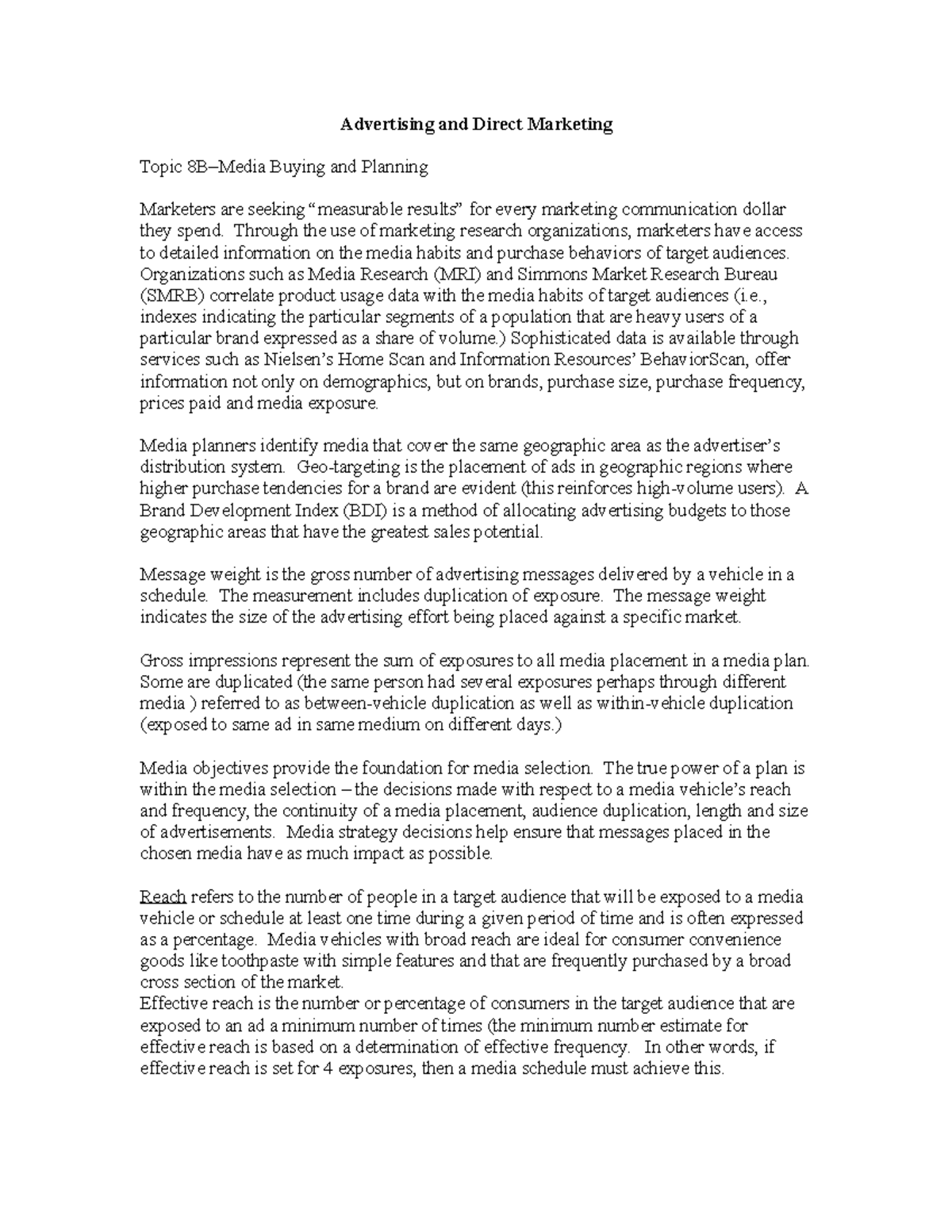 TVRA 2517 topic 8 - Advertising and Direct Marketing Topic 8B–Media ...