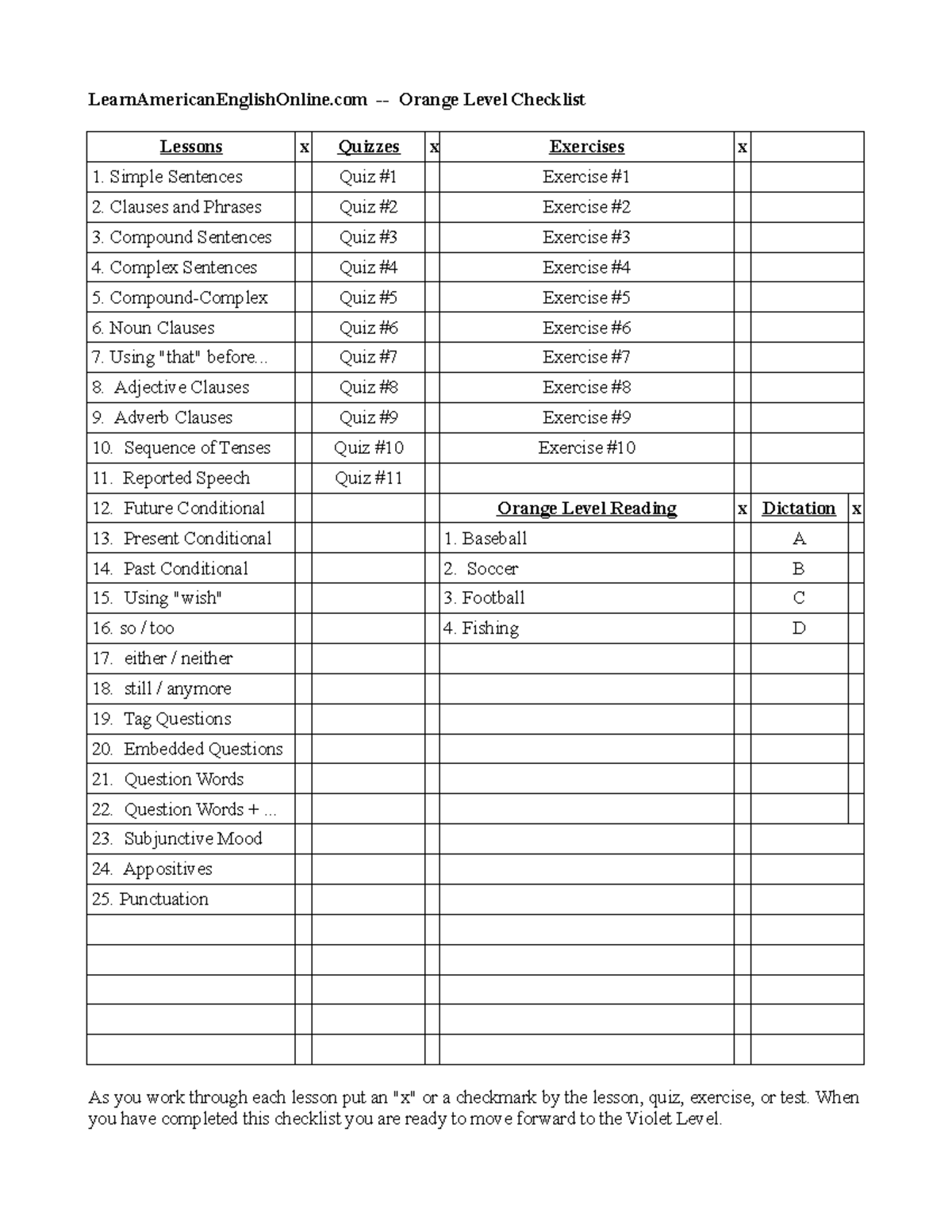 Orange Level Checklist - LearnAmericanEnglishOnline - Orange Level ...