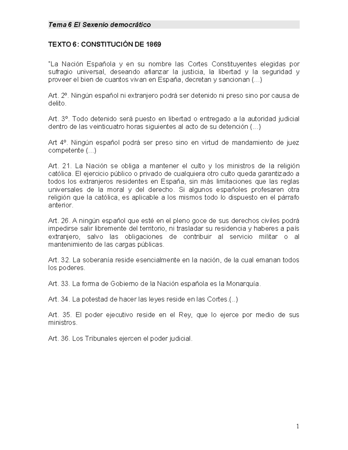1.- comentario de texto de la constitucion de 1869 - TEXTO 6 ...