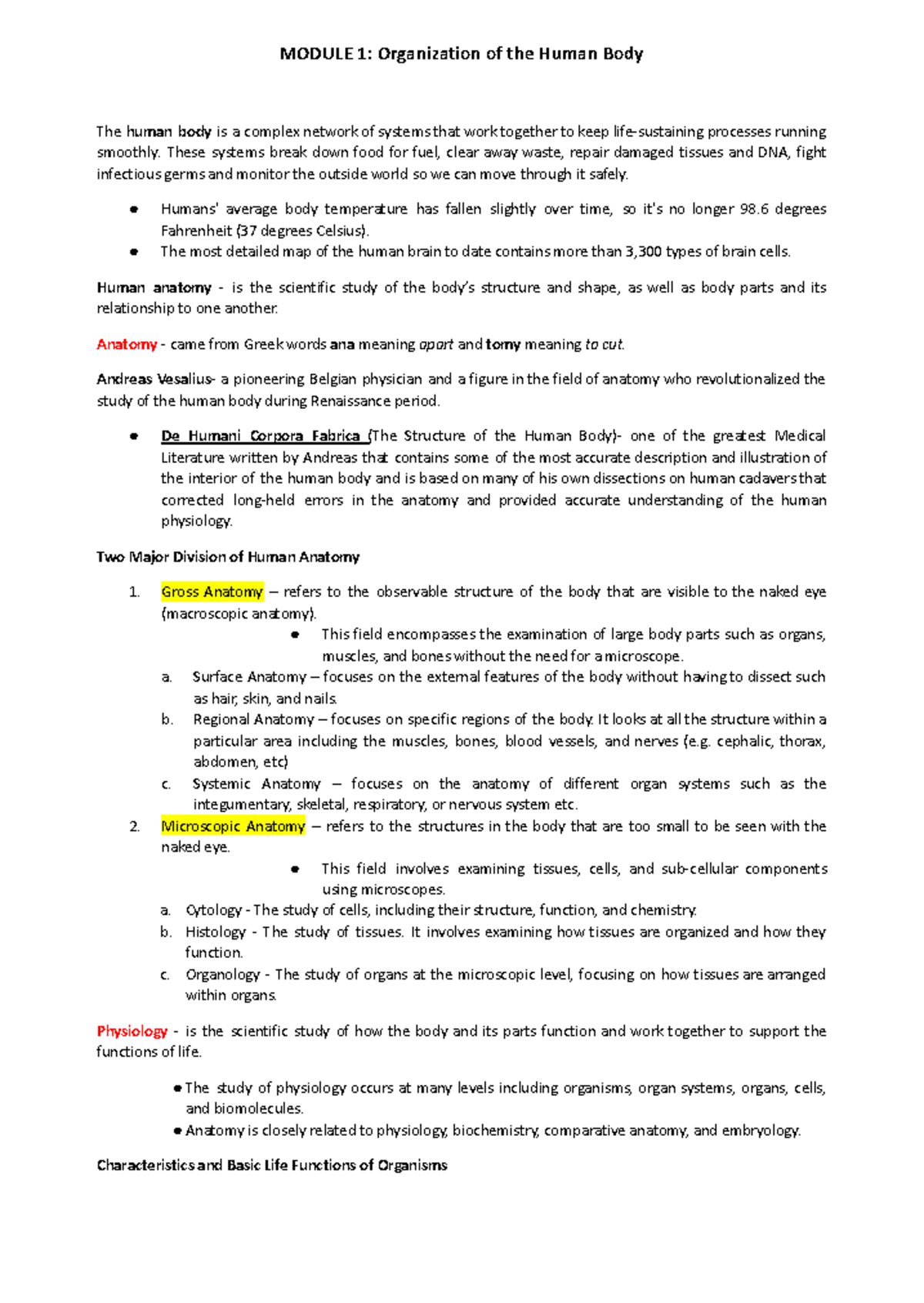 Anaphy Notes - MODULE 1: Organization of the Human Body The human body ...