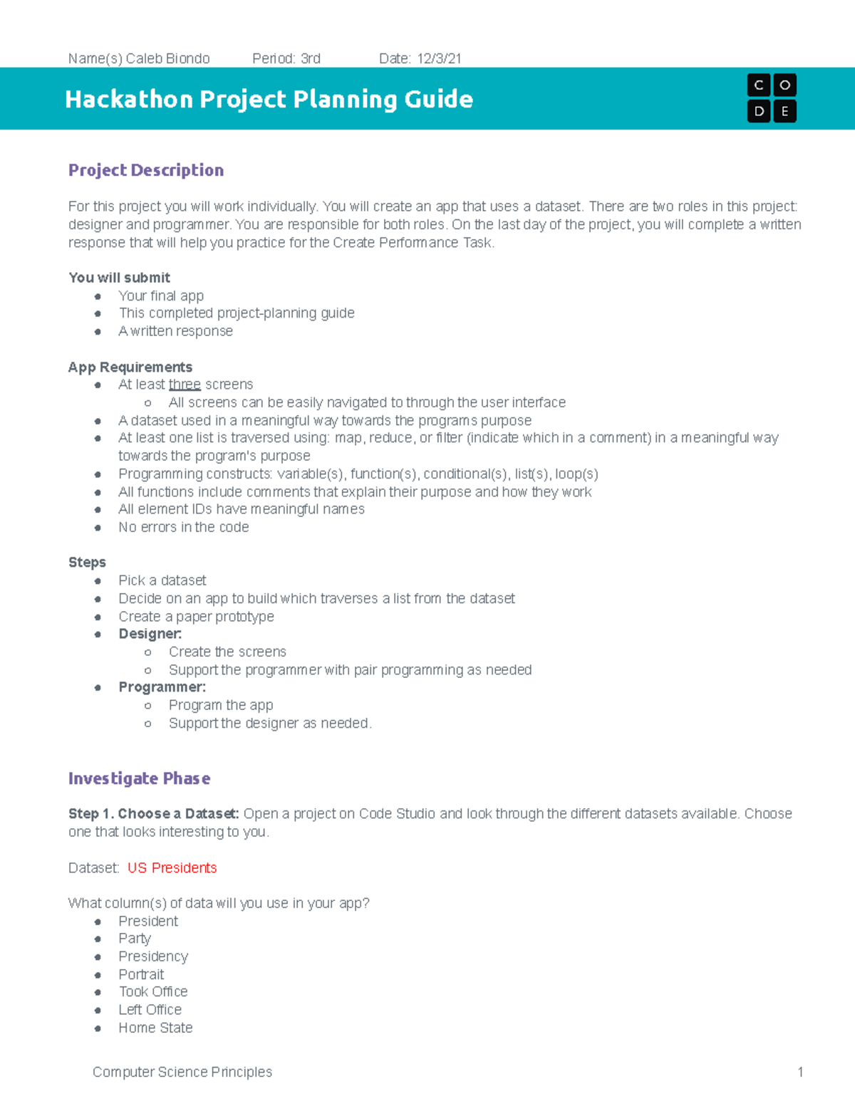 Caleb's 21-22 Hackathon Project Planning Guide - Name(s) Caleb Biondo ...