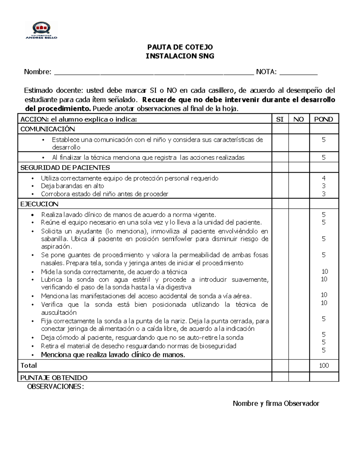 Pauta Cotejo Instalacion SNG - PAUTA DE COTEJO INSTALACION SNG Nombre ...