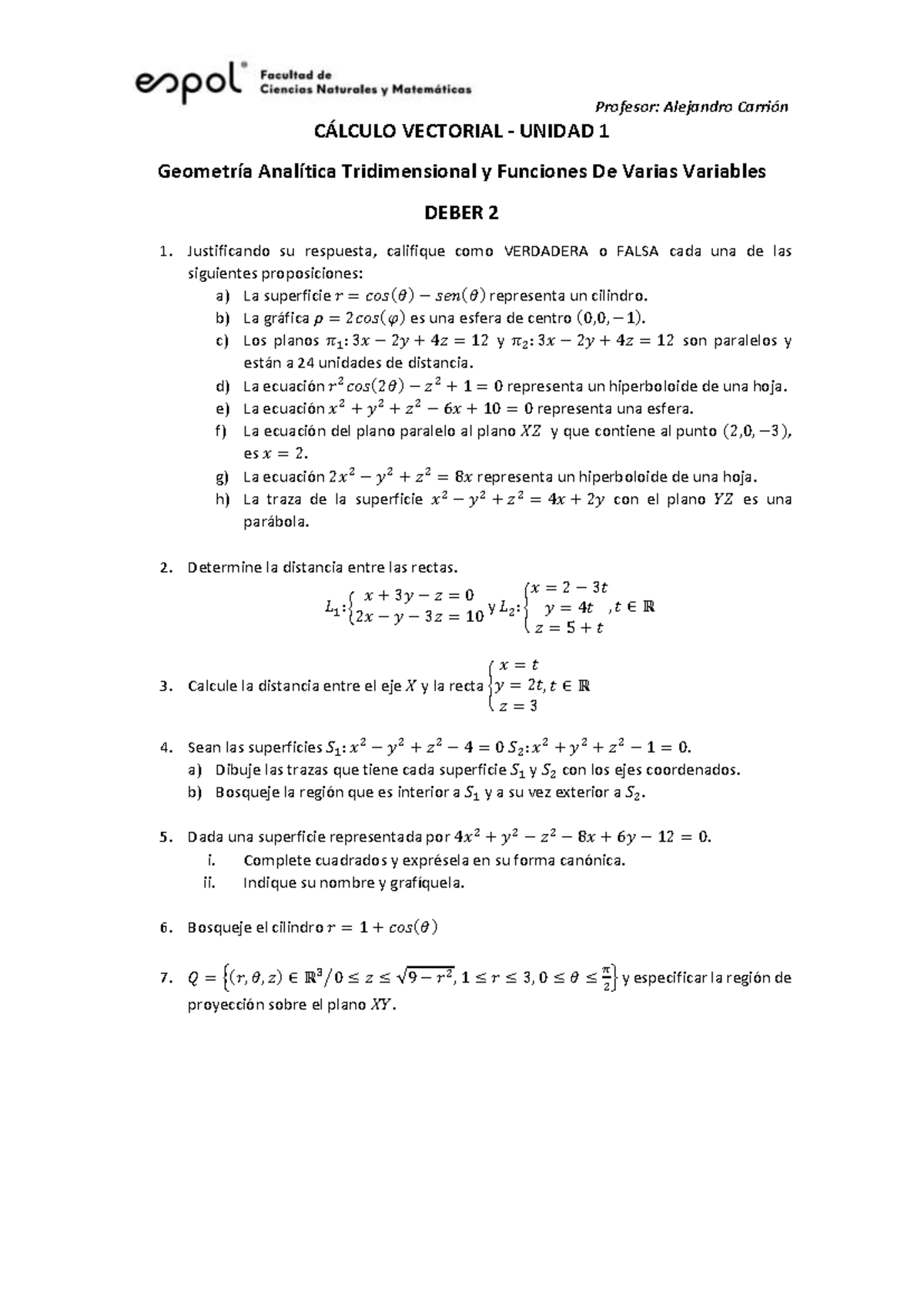 Deber 2 - ejercicios para practicar - Profesor: Alejandro Carrión CÁLCULO VECTORIAL - UNIDAD 1 ...