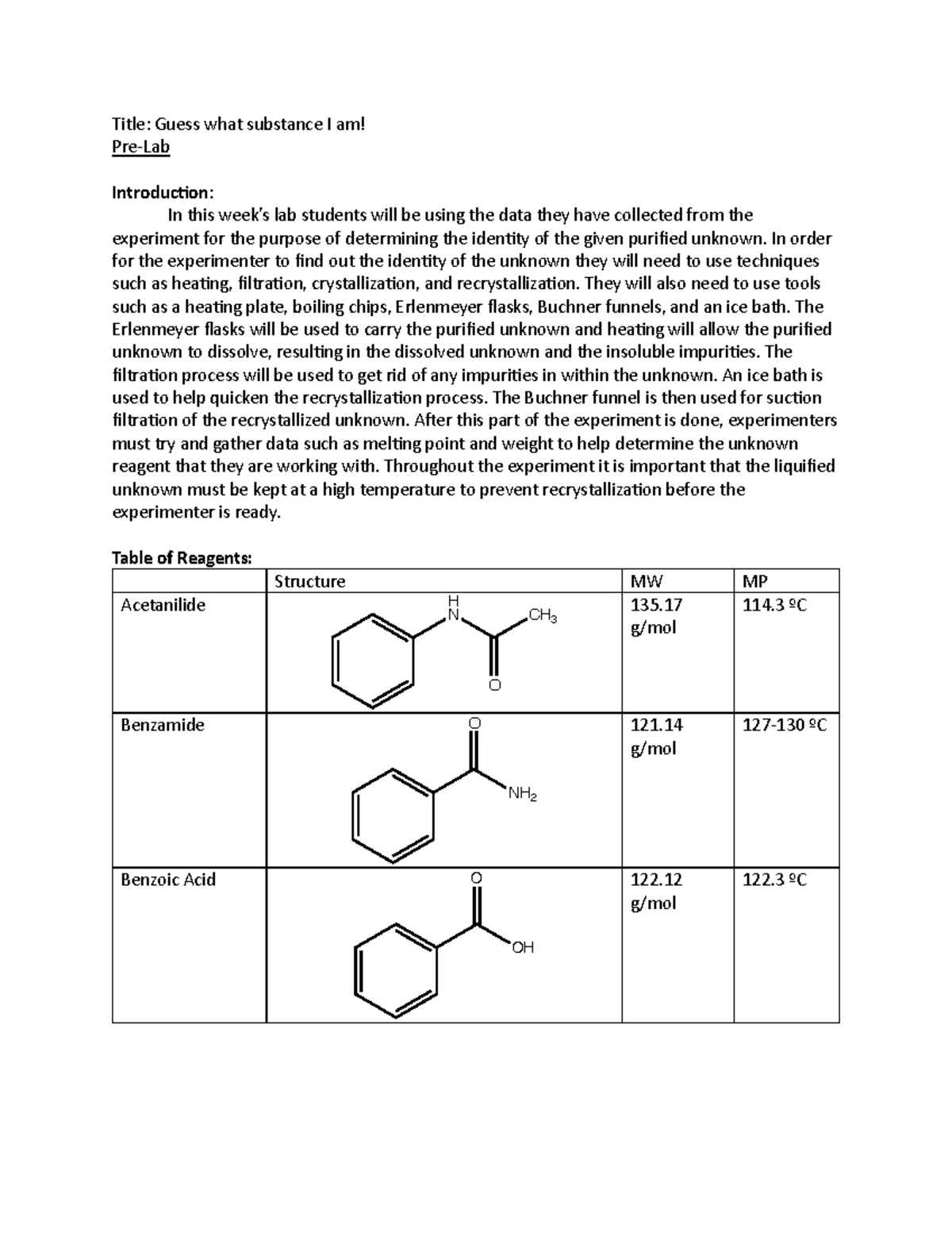 Organic Chem (Experiment 1) - Title: Guess what substance I am! Pre-Lab ...