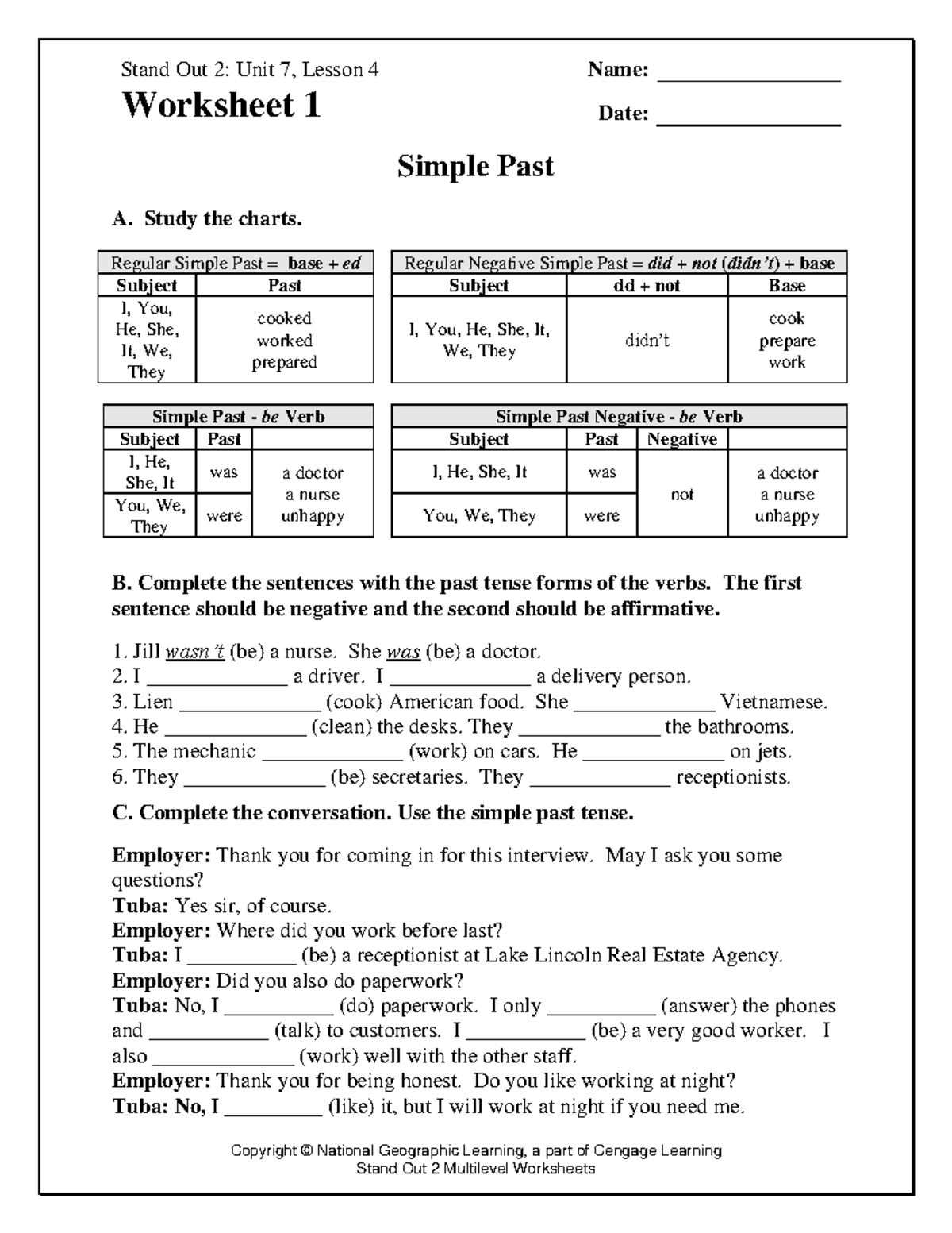 Book 2 unit 7 lesson 4 worksheets - Stand Out 2: Unit 7, Lesson 4 Name ...