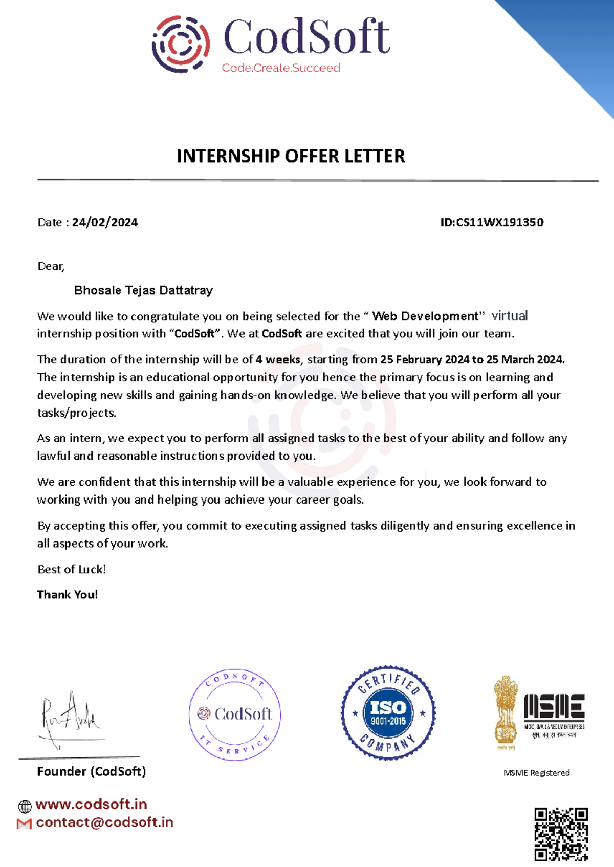 Bhosale Tejas Dattatray - INTERNSHIP OFFER LETTER Date : 24/02/2024 ID ...