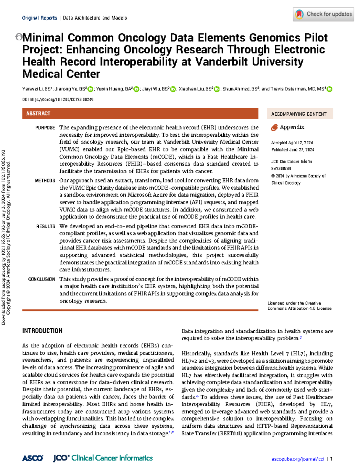 Li et al 2024 minimal common oncology data elements genomics pilot project enhancing oncology ...