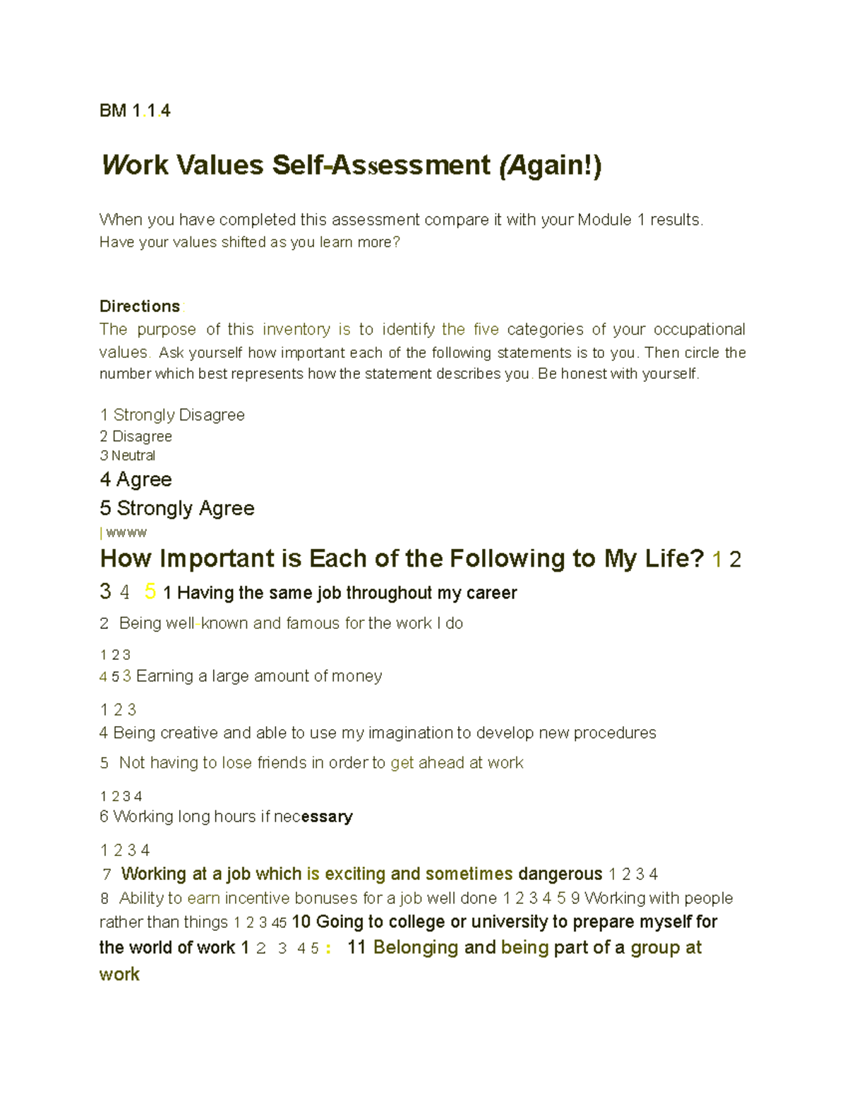 Work value self assessment pdf - BM 1. 1. 4 Work Values Self-Assessment (Again!) When you have ...