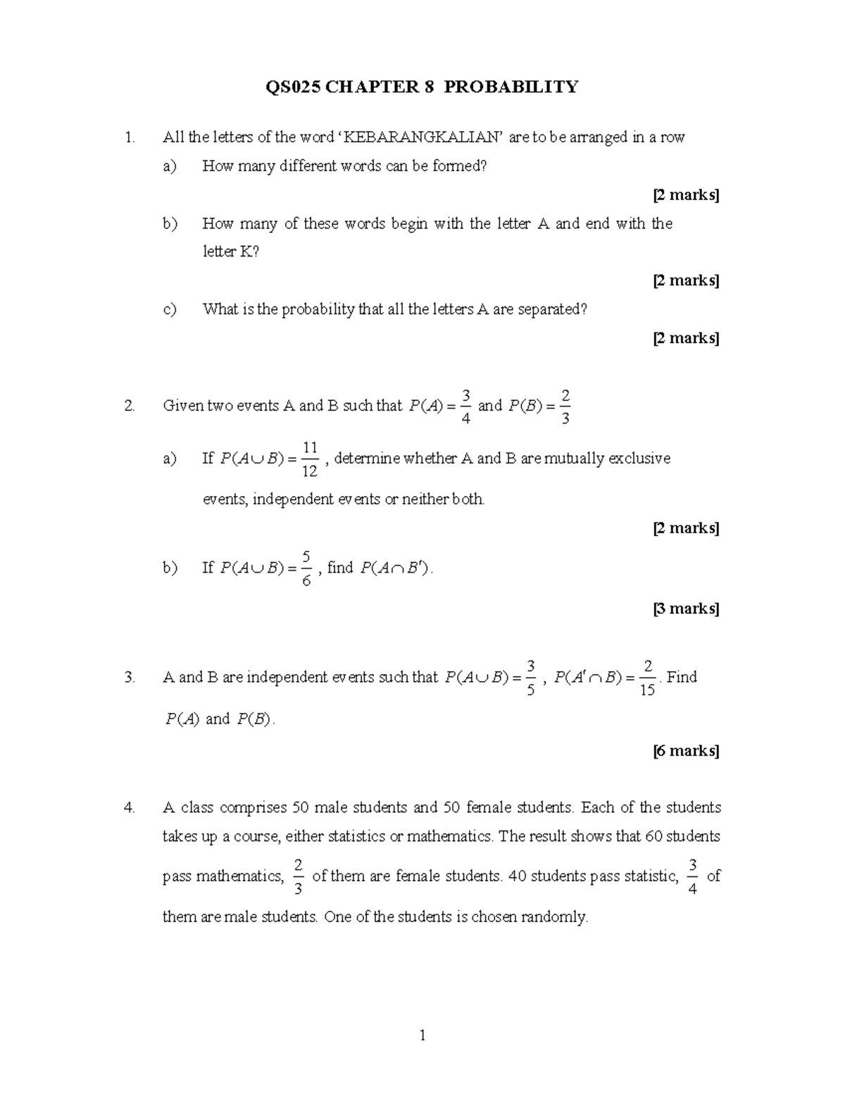 SM025 Chapter 8 Probabilities Question - QS025 CHAPTER 8 PROBABILITY ...