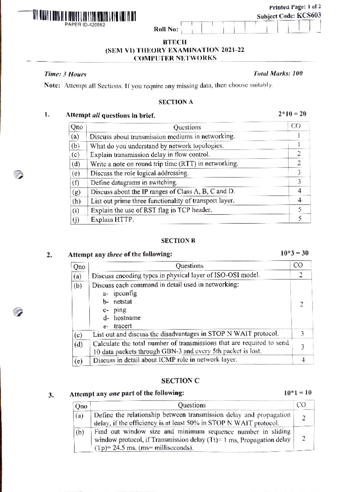 CN Question Bank 02-May-2024 - Time: 3 Hours 1. PAPER ID- 2. 3. Note ...