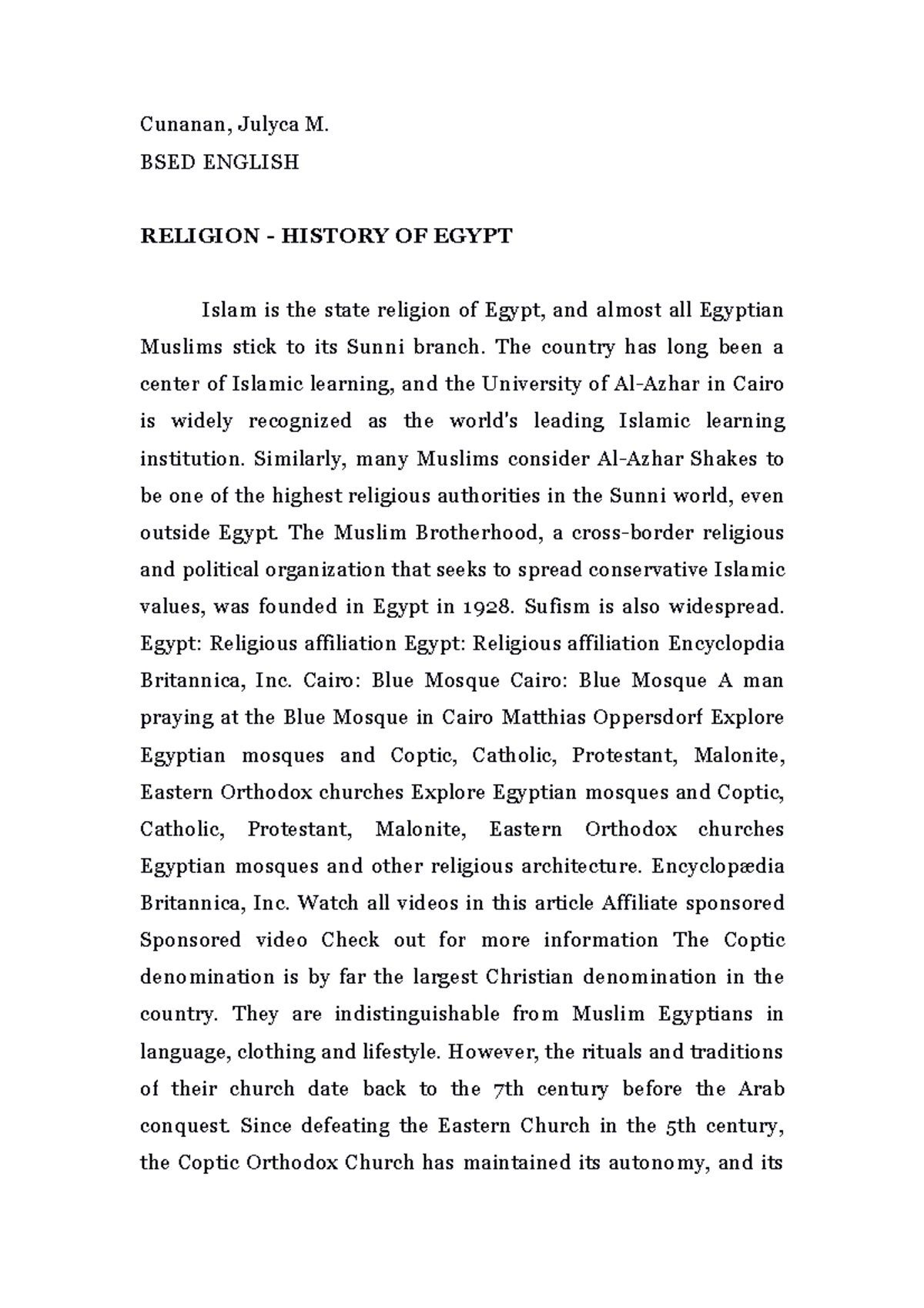Religion - History OF Egypt- LECTURE - Cunanan, Julyca M. BSED ENGLISH ...
