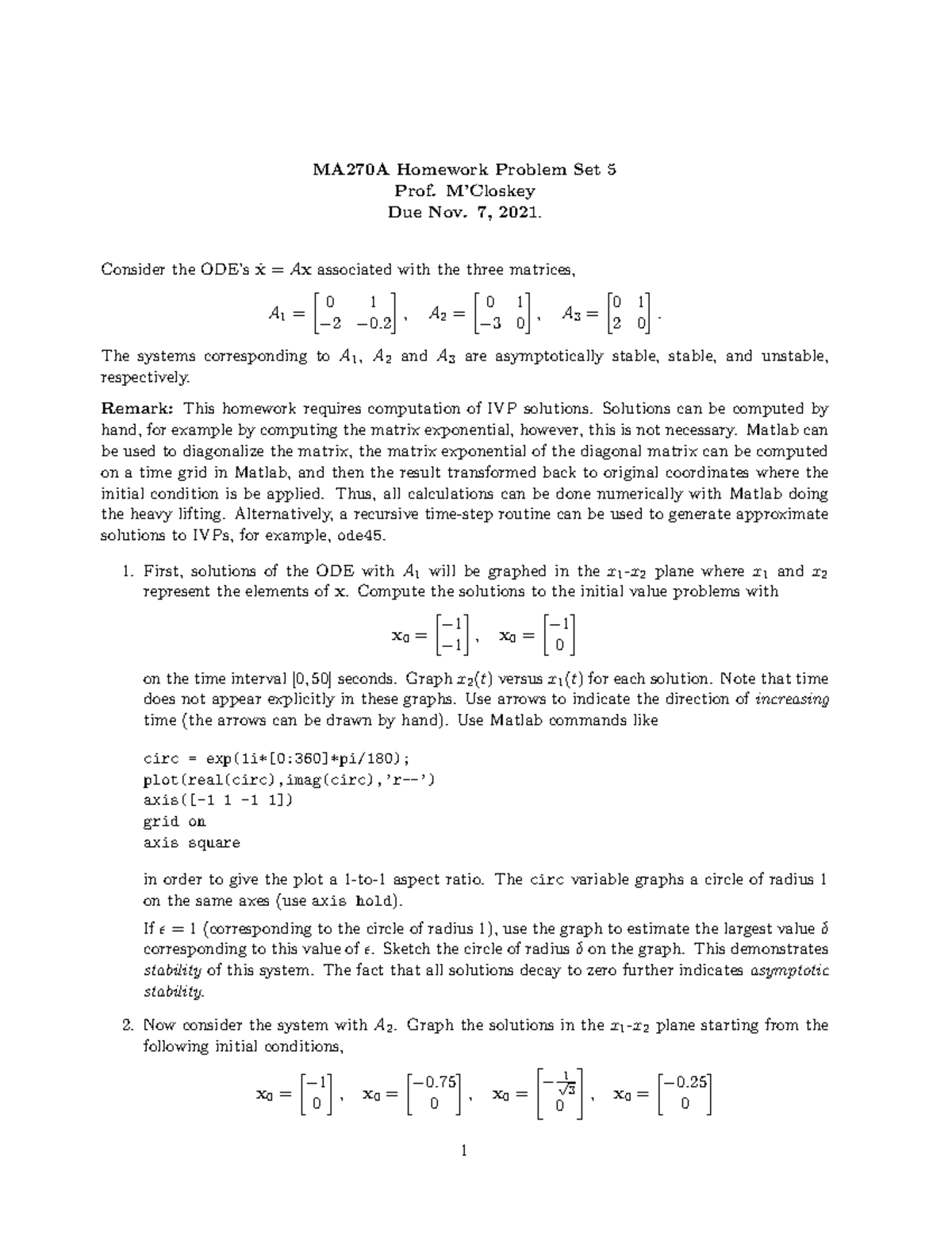 Hw5 CH - homework 5 - MA270A Homework Problem Set 5 Prof. M’Closkey Due Nov. 7, 2021. Consider ...