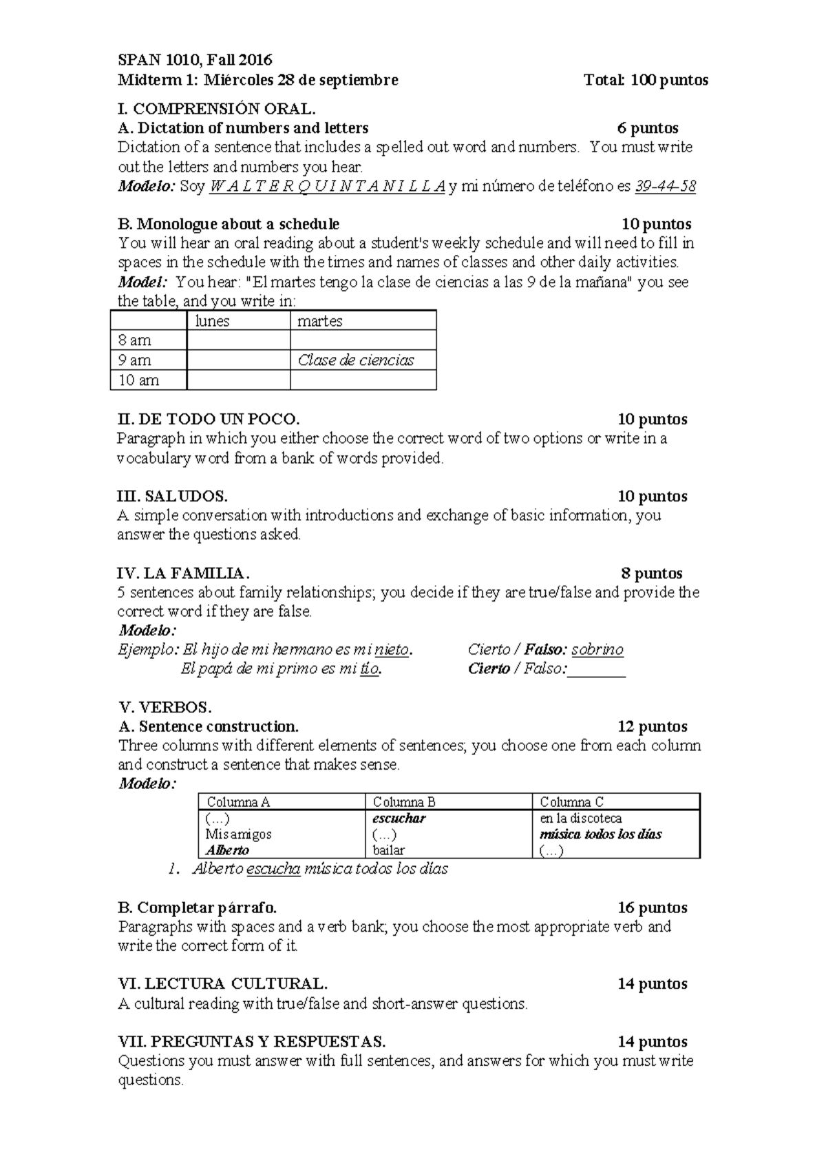 SPAN 1010 student guide to mid-term 1 - SPAN 1010, Fall 2016 Midterm 1: Miércoles 28 de ...