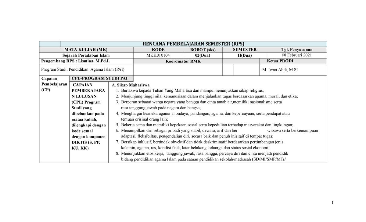 RPS Sejarah Peradaban Islam Lismina - 1 RENCANA PEMBELAJARAN SEMESTER ...