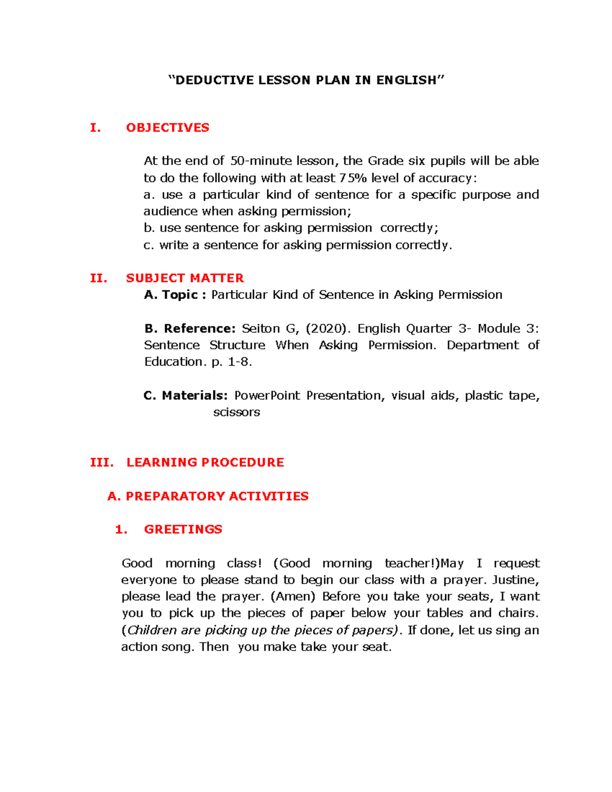 Deductive ba - Freshy - “DEDUCTIVE LESSON PLAN IN ENGLISH” I ...
