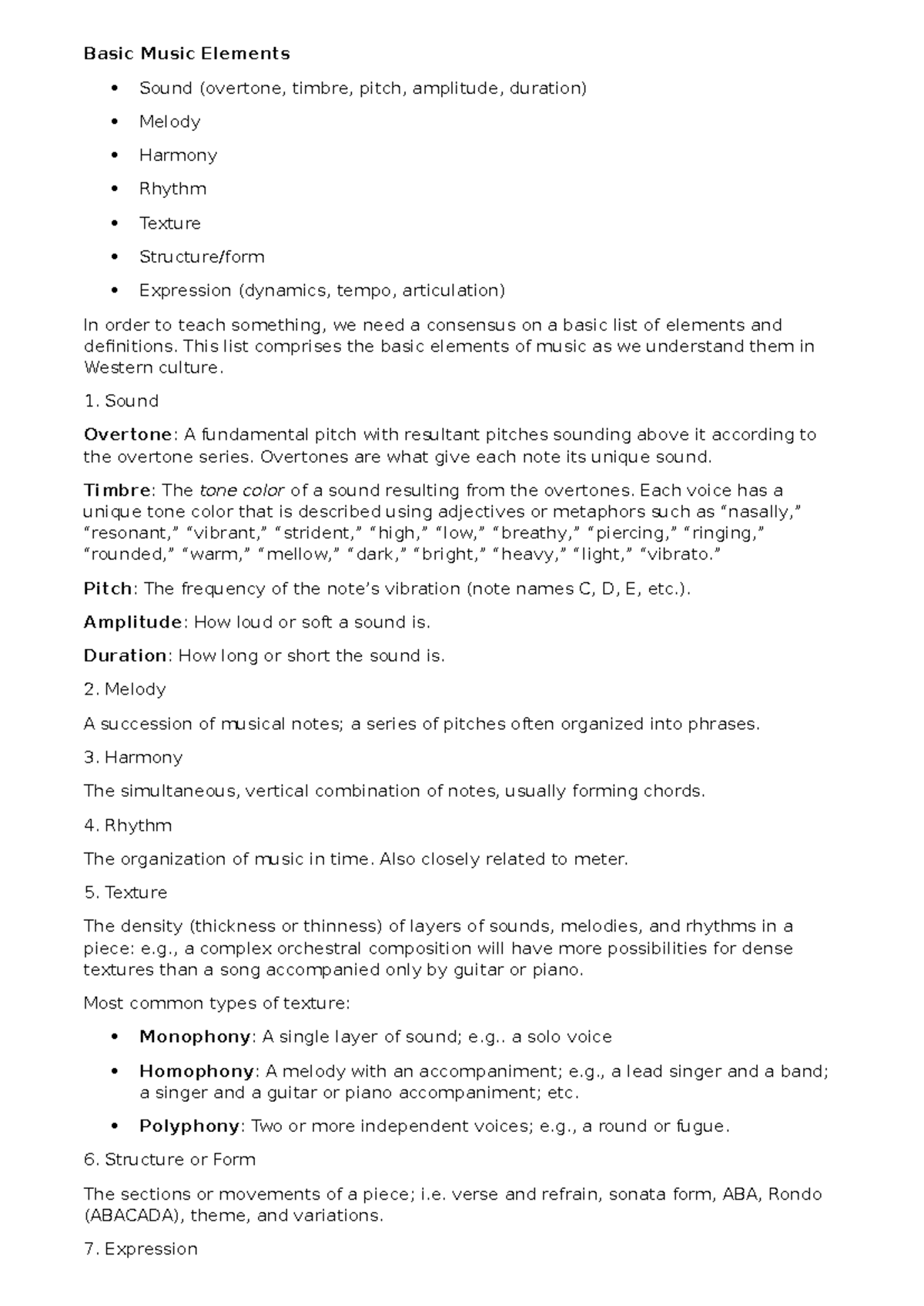Basic Music Elements - This list comprises the basic elements of music ...