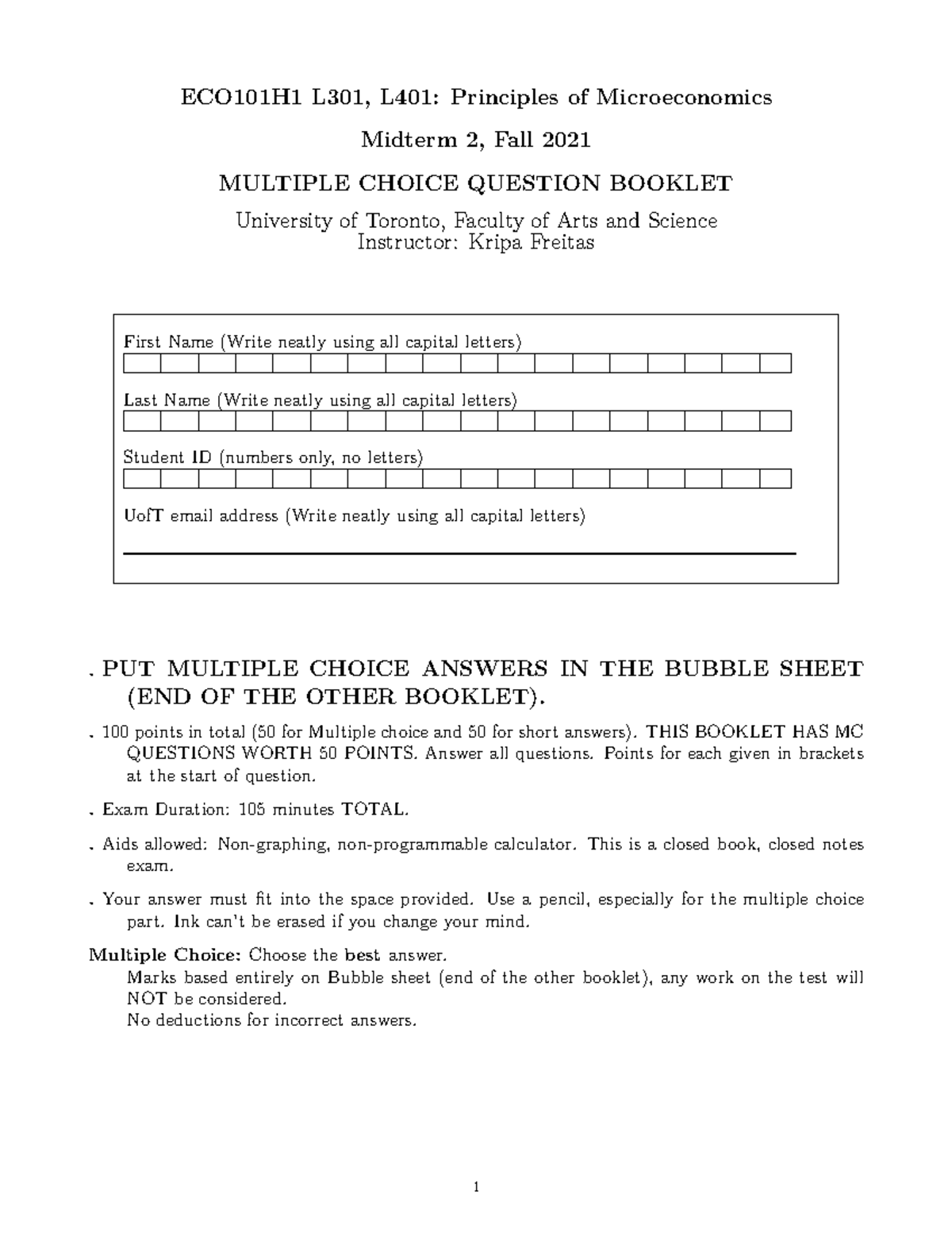 ECO101 Fall 2021 Midterm 2 MC Questions and Solutions - ECO101H1 L301, L401: Principles of - Studocu