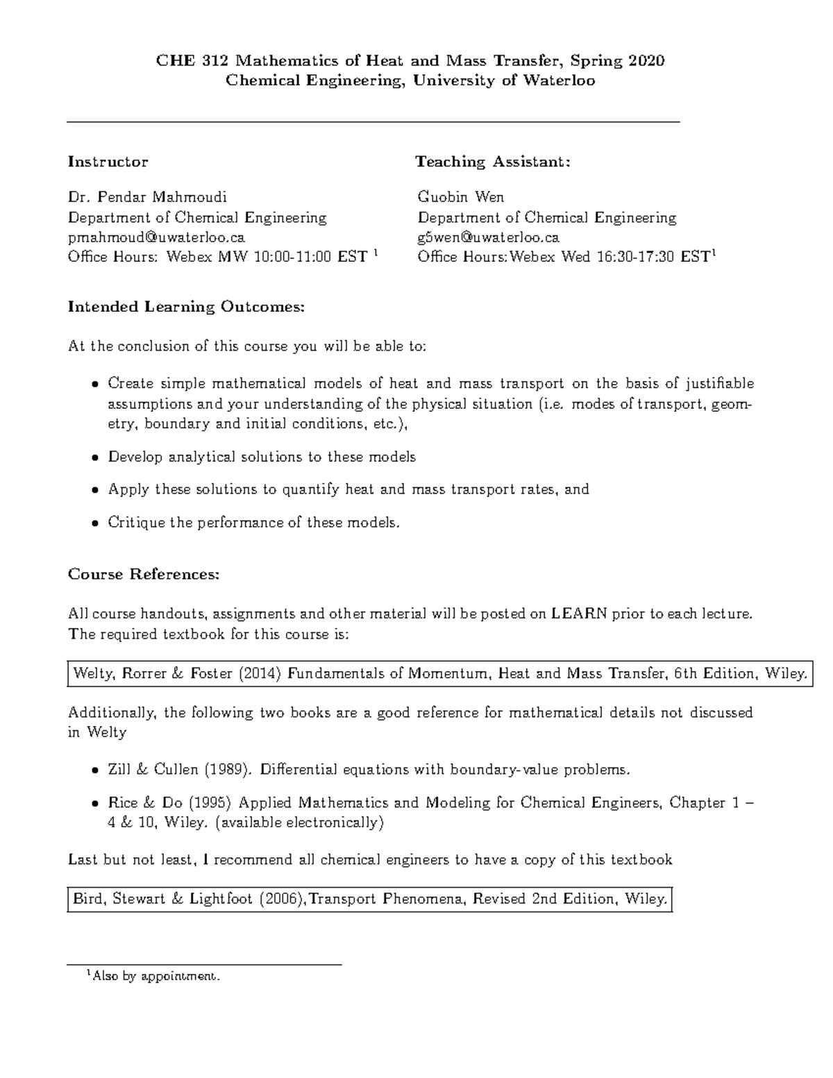 CHE312 course outline - CHE 312 Mathematics of Heat and Mass Transfer, Spring 2020 Chemical ...