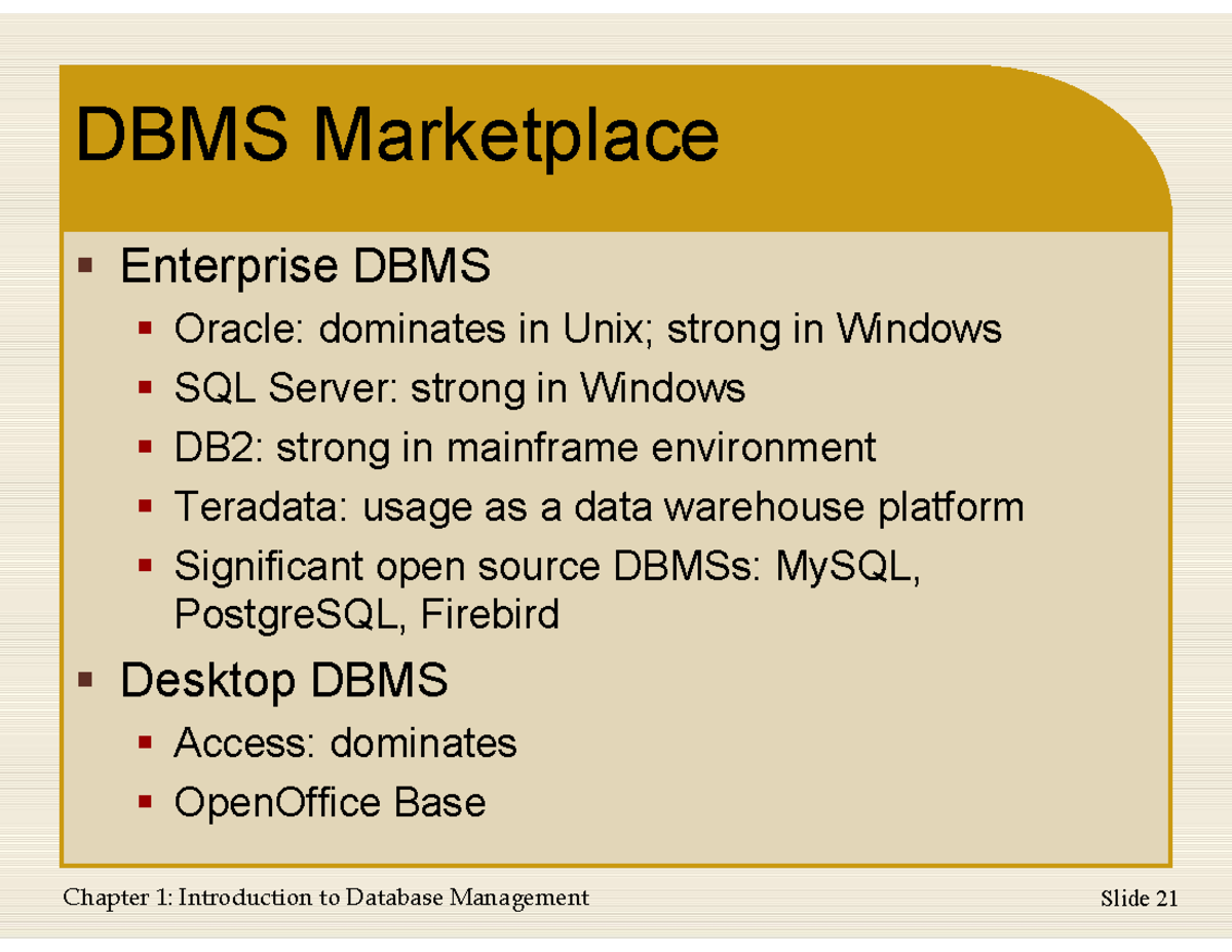 Introduction to Database Management - DBMS Marketplace Enterprise DBMS ...