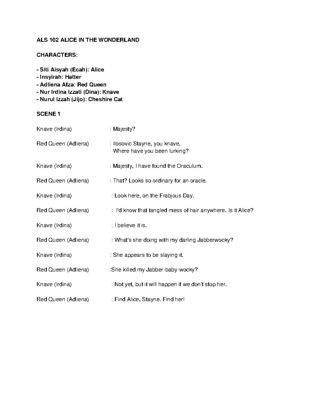 Alice IN Wonderland Scripts Latest - ALS 102 ALICE IN THE WONDERLAND ...