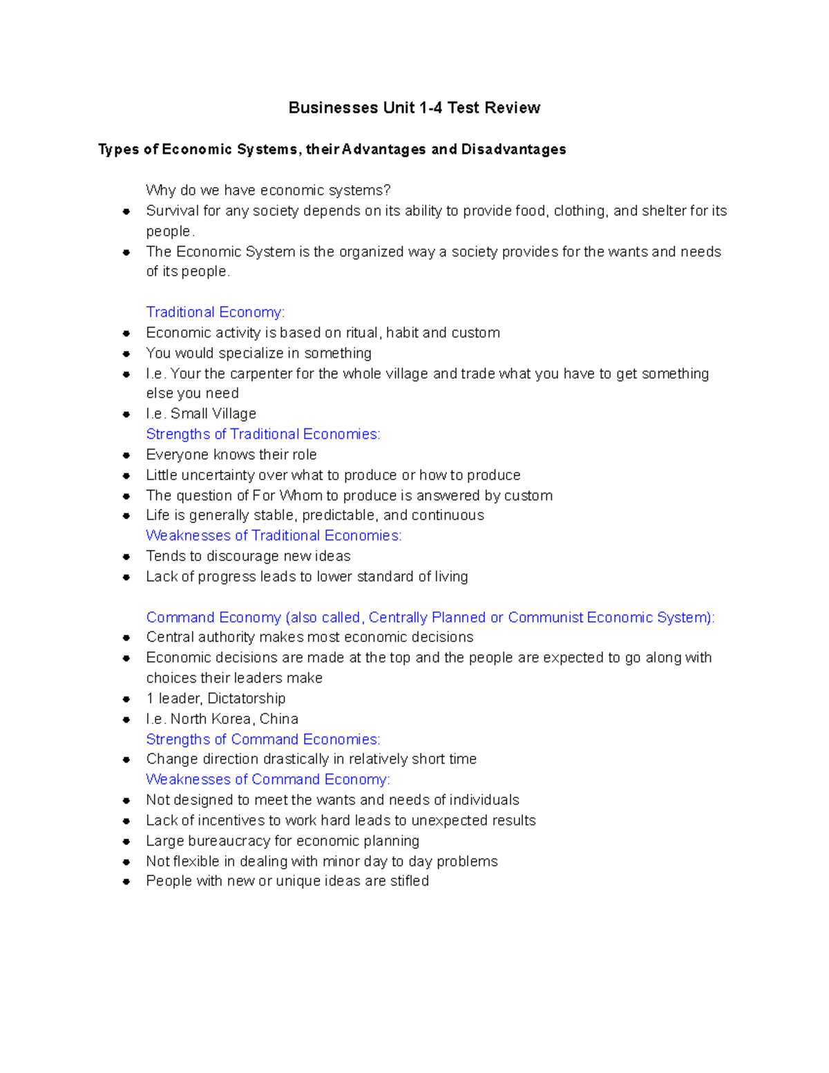 Grade 10 Business Unit 1 Test Review - Studocu