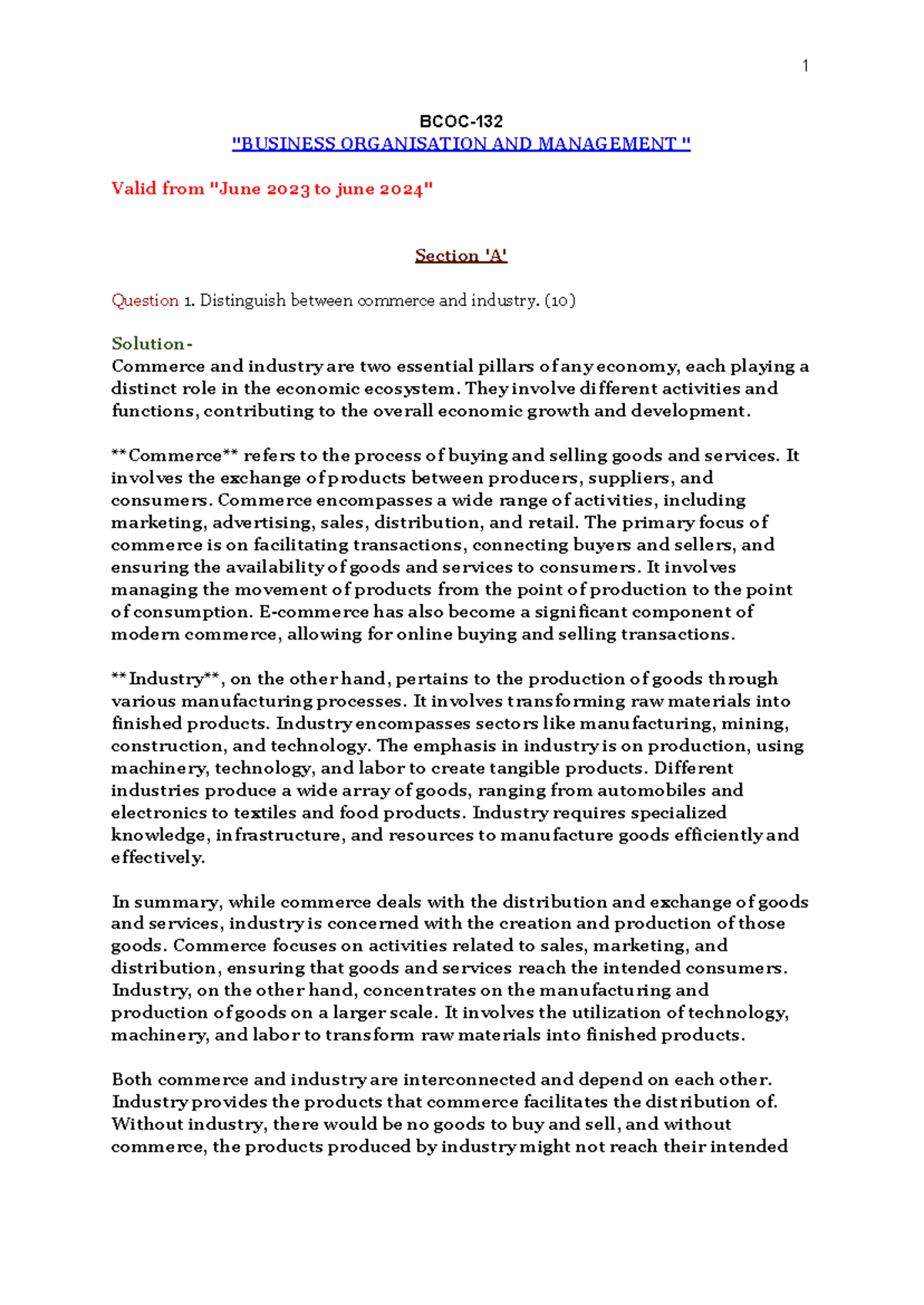 BCOC-132 Business Organisation AND Management YT - BCOC- "BUSINESS ...