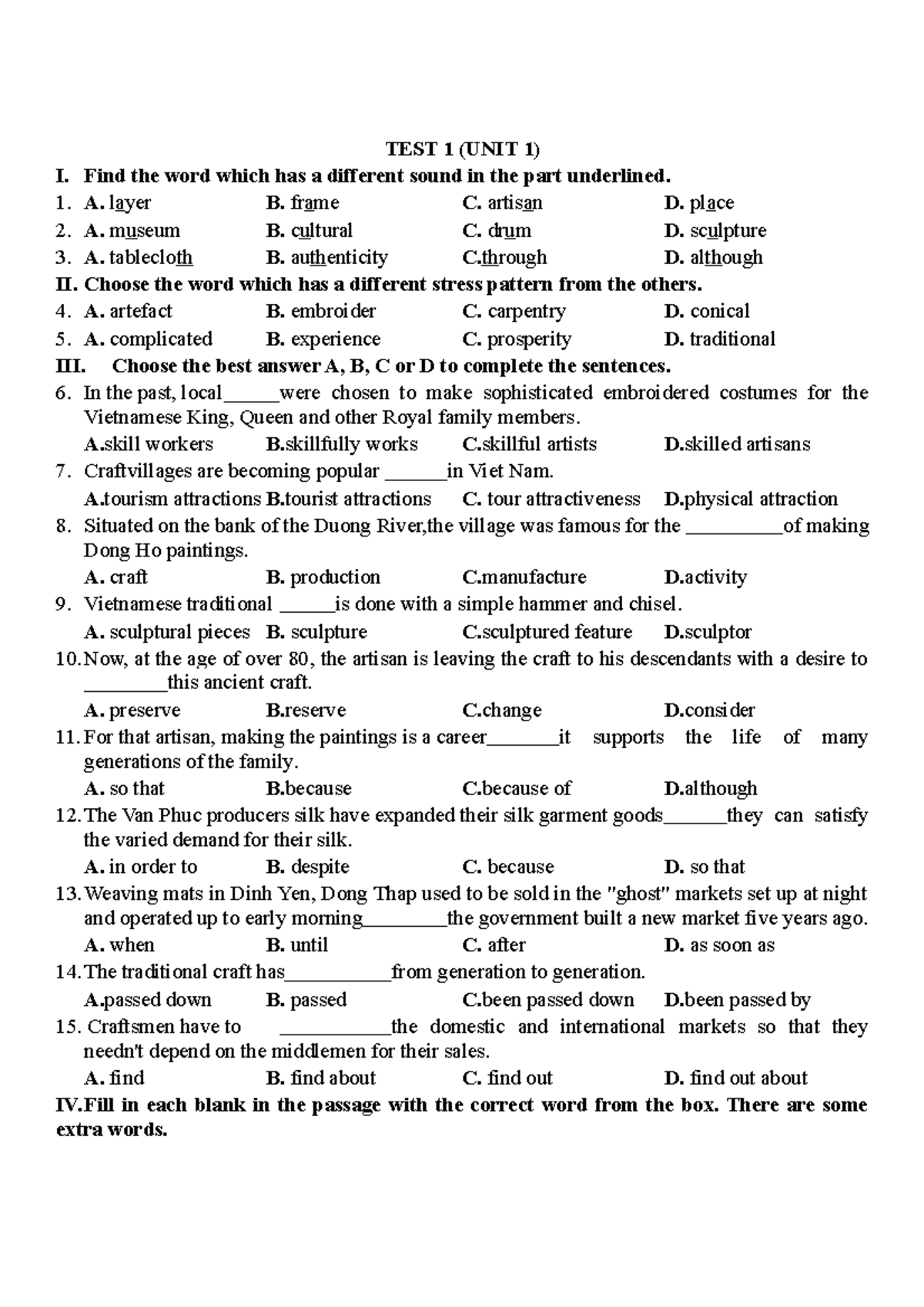 TEST 1 - Lưu Hoằng Trí Test 1 Unit 2 Grade 9 - TEST 1 (UNIT 1) I. Find ...