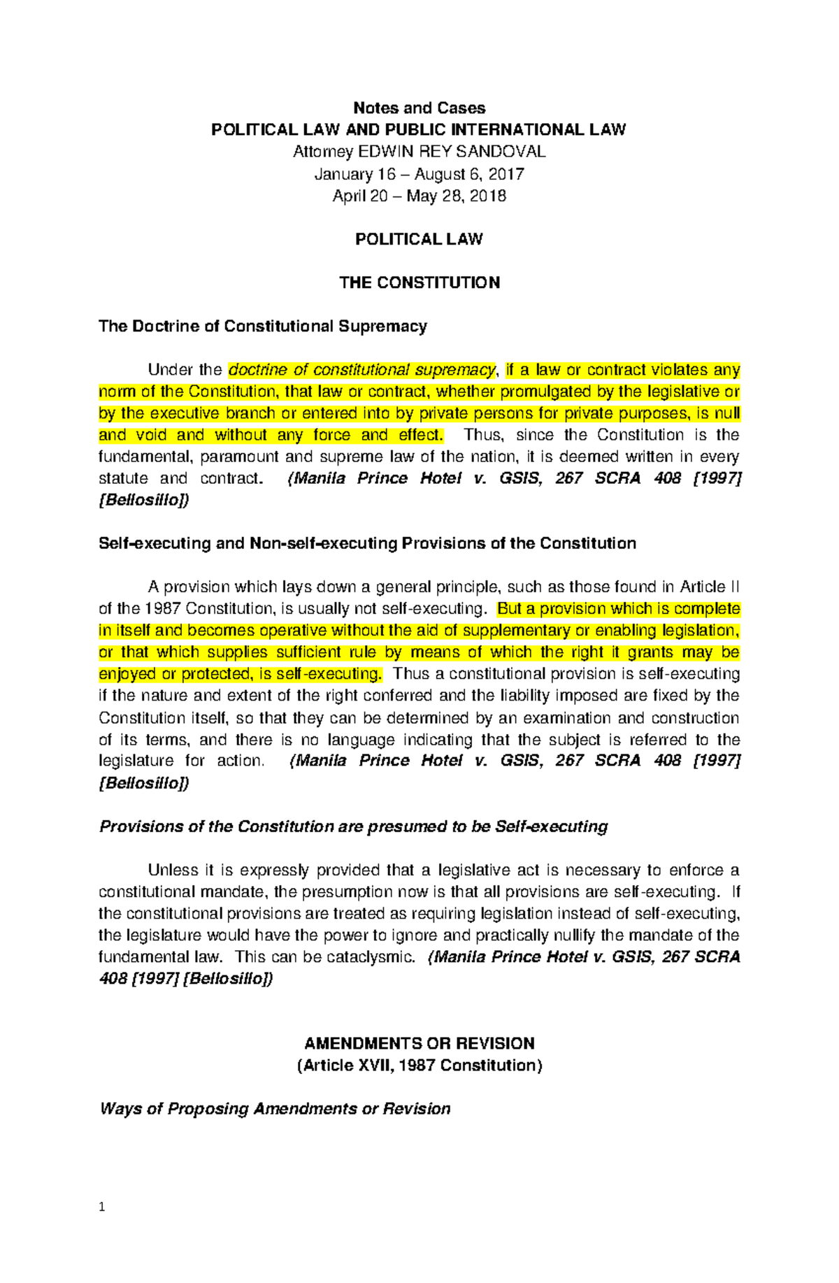 2019 Political Law Sandoval - Notes and Cases POLITICAL LAW AND PUBLIC ...