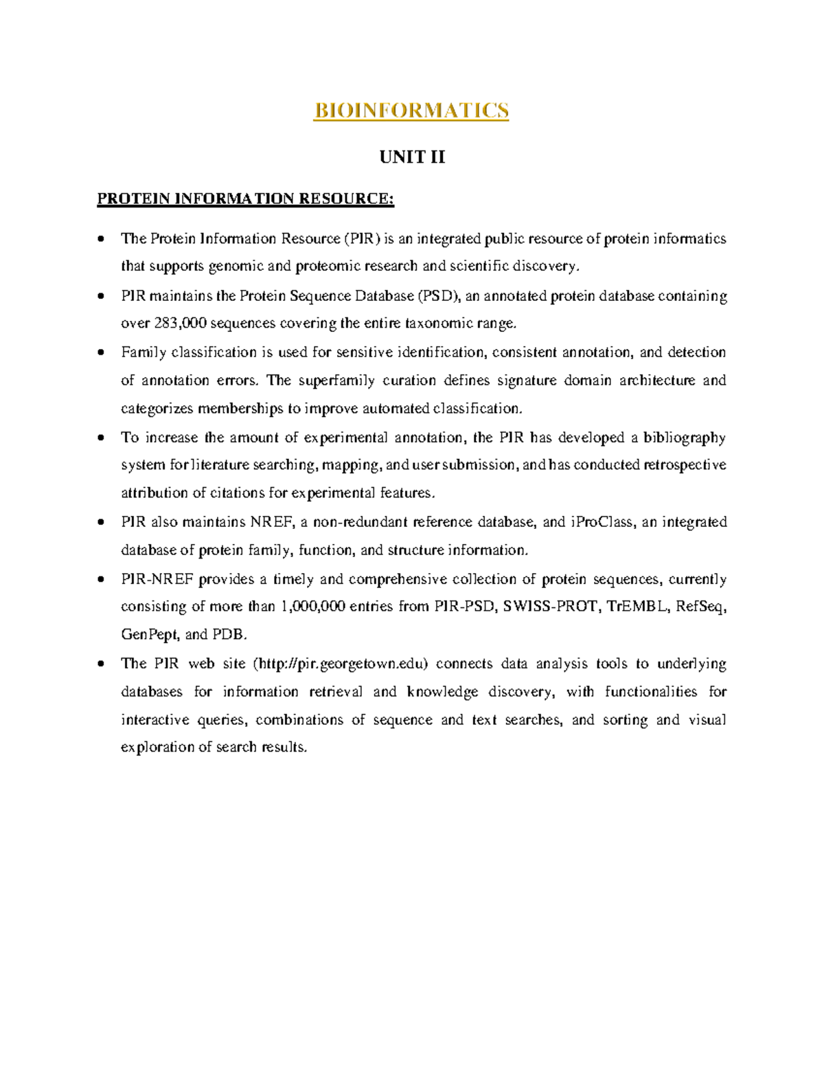 Unit 1-2 - PROTEIN INFORMATION RESOURCE, PROTEIN DATA BANK, SWISS-PROT ...