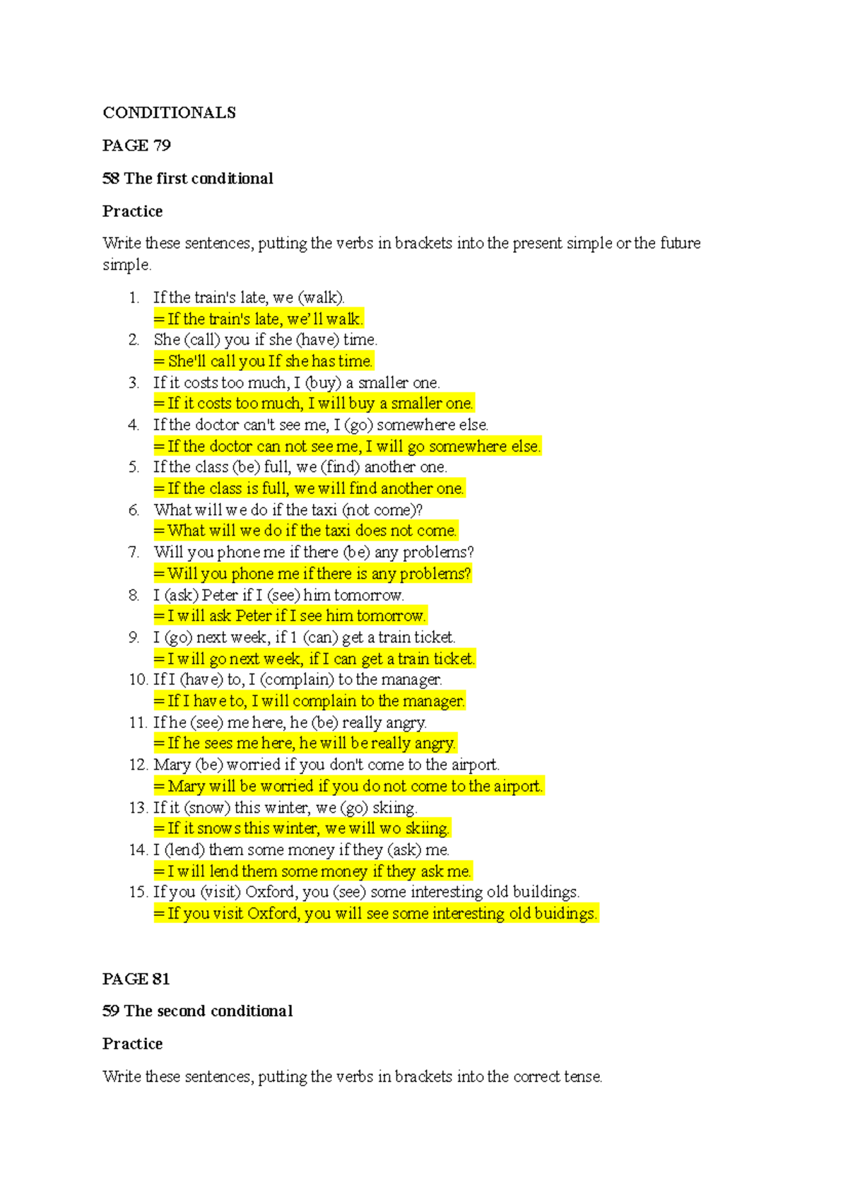 Practice 12 Conditionals - CONDITIONALS PAGE 79 58 The first ...