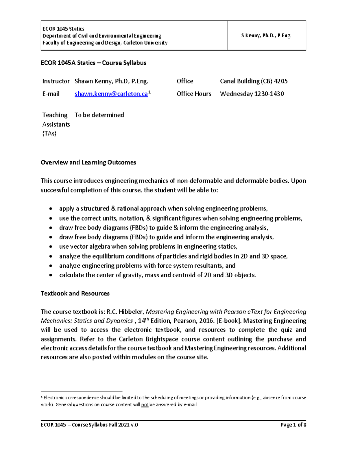 ECOR 1045 Course Outline - Department of Civil and Environmental ...