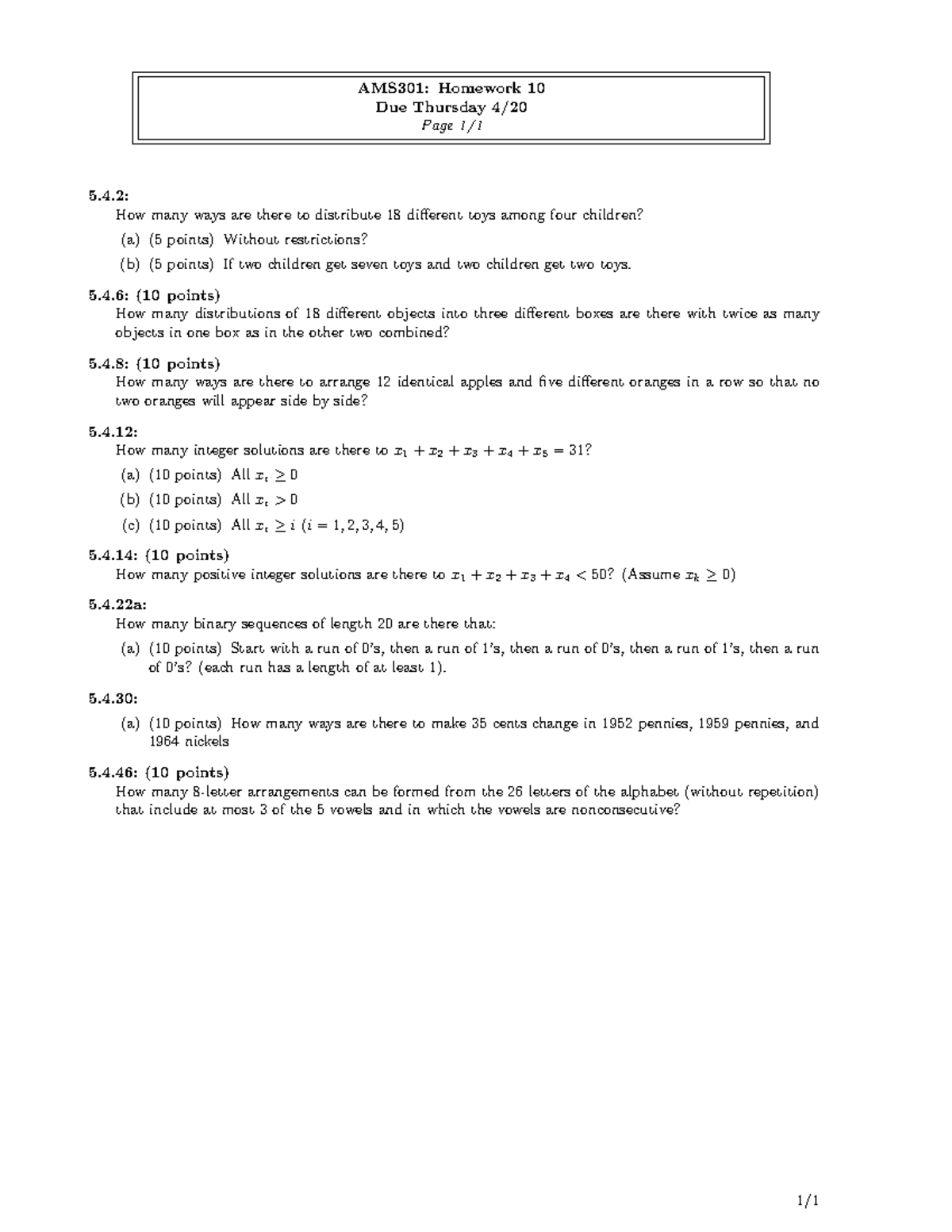 Hw10 - A Homework Assignment Given in Class - AMS301: Homework 10 Due Thursday 4/ Page 1/ 5.4 ...