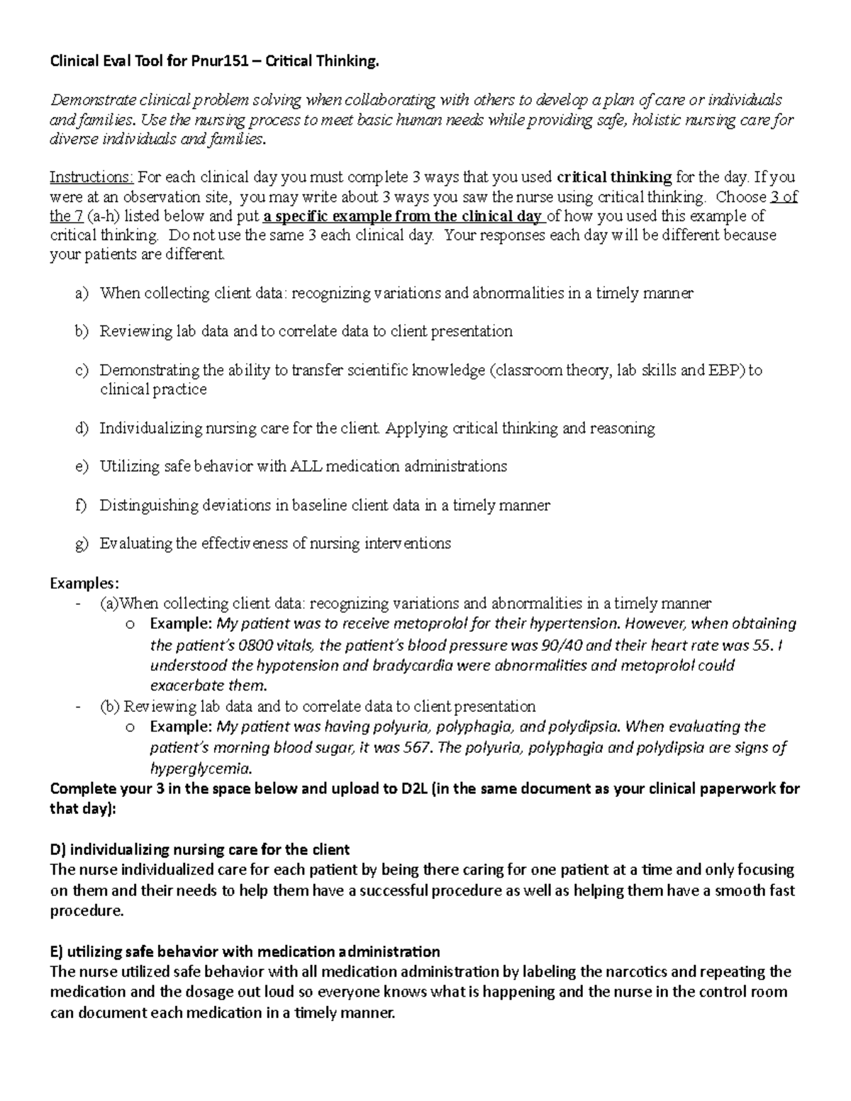 critical thinking tool examples - Clinical Eval Tool for Pnur151 ...