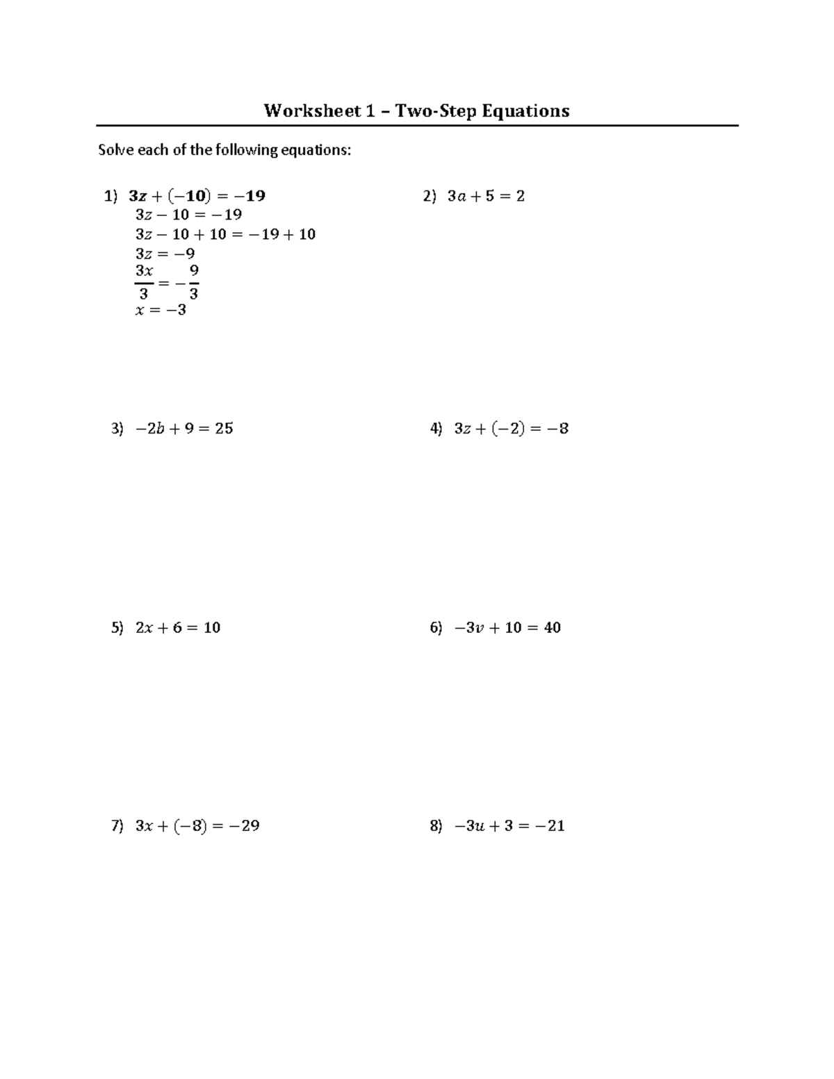 Worksheets - Week 6 - 2 Solving two-step equations - Worksheet 1 – Two ...