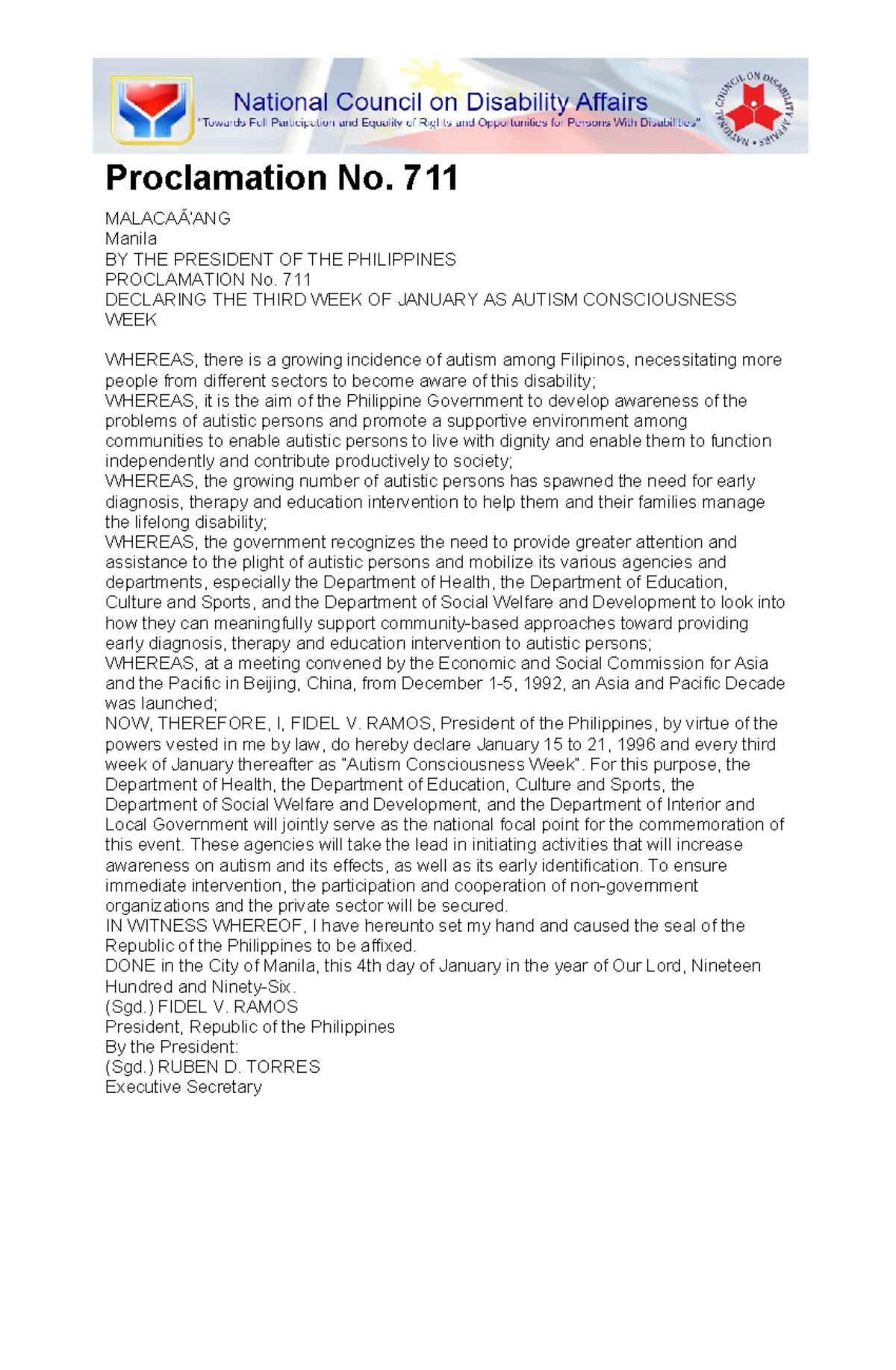 Autism legal Basis - Proclamation No. 711 MALACAÃ‘ANG Manila BY THE ...