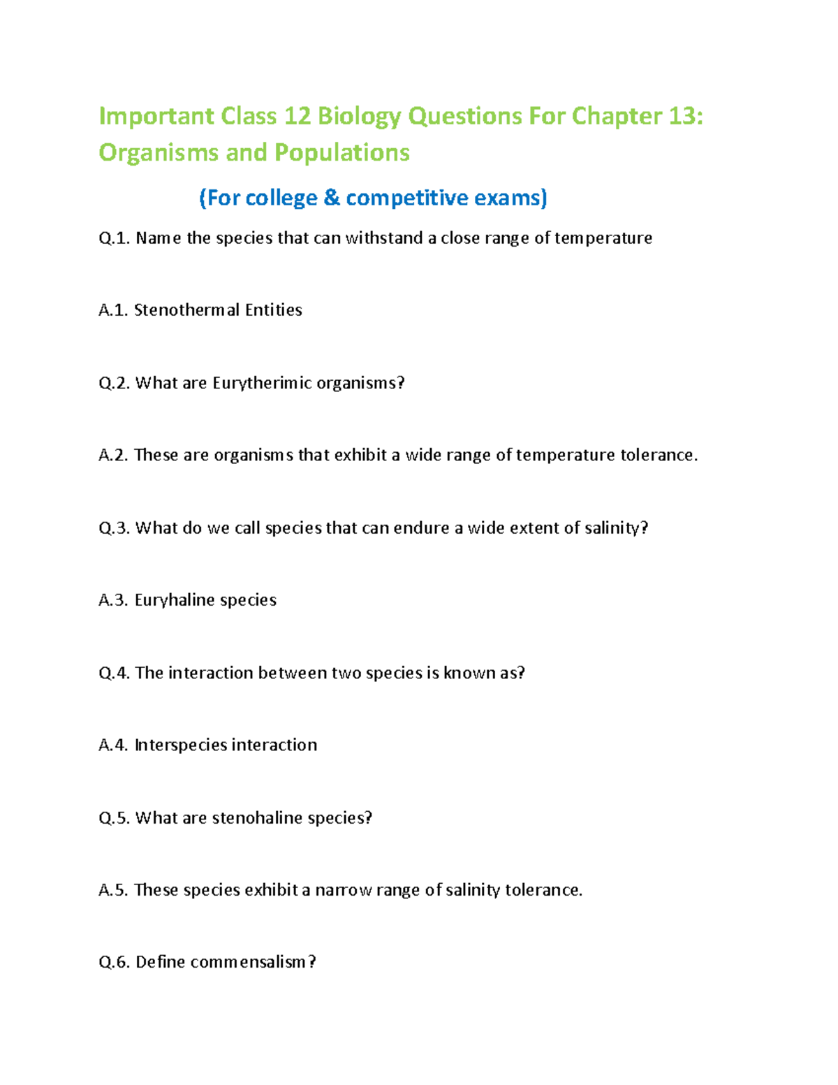 Important Class 12 Biology Questions For Chapter 13 - Organisms and ...